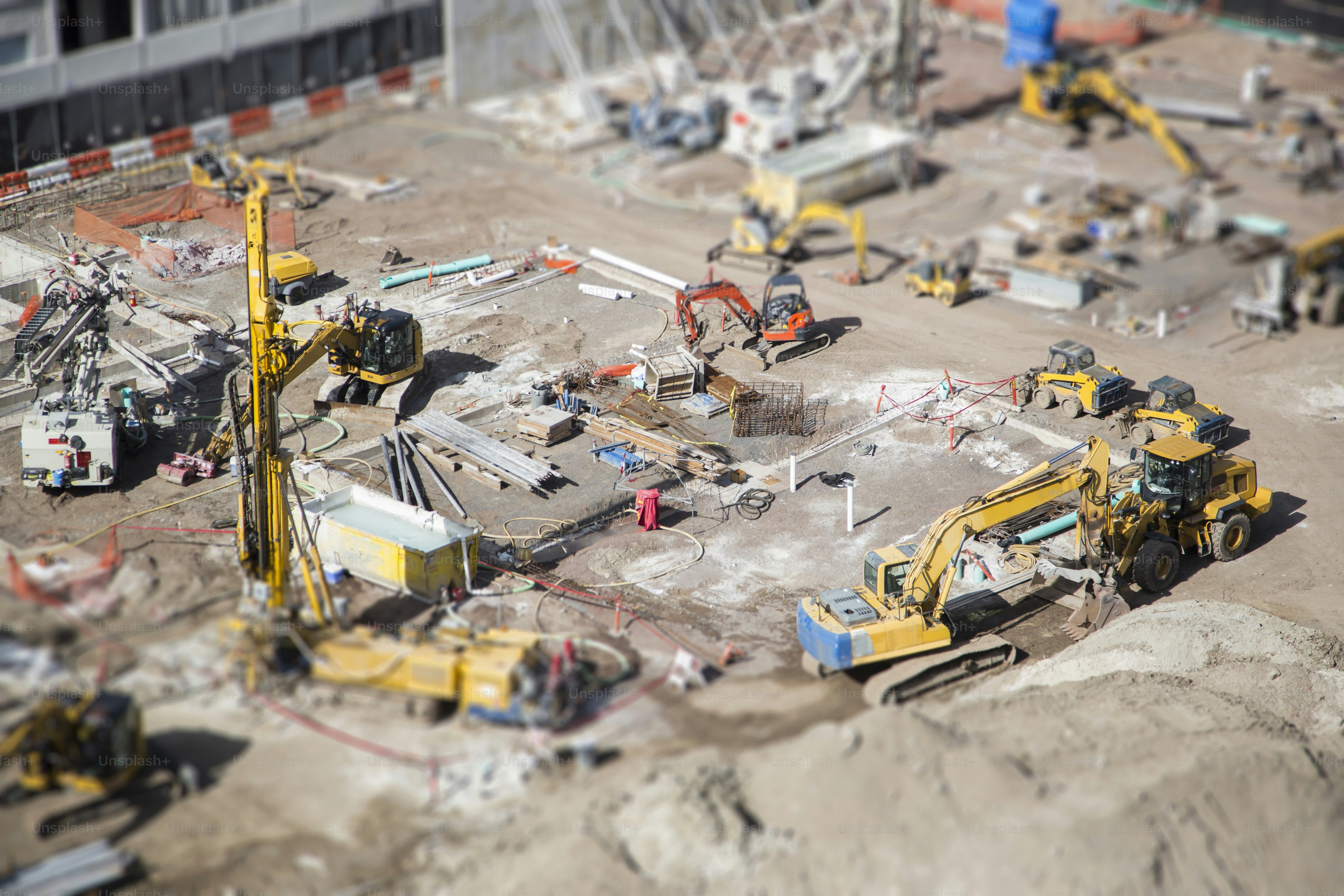 Aerial View of Busy Construction Site with Extreme Tilt-shift Bokeh ...