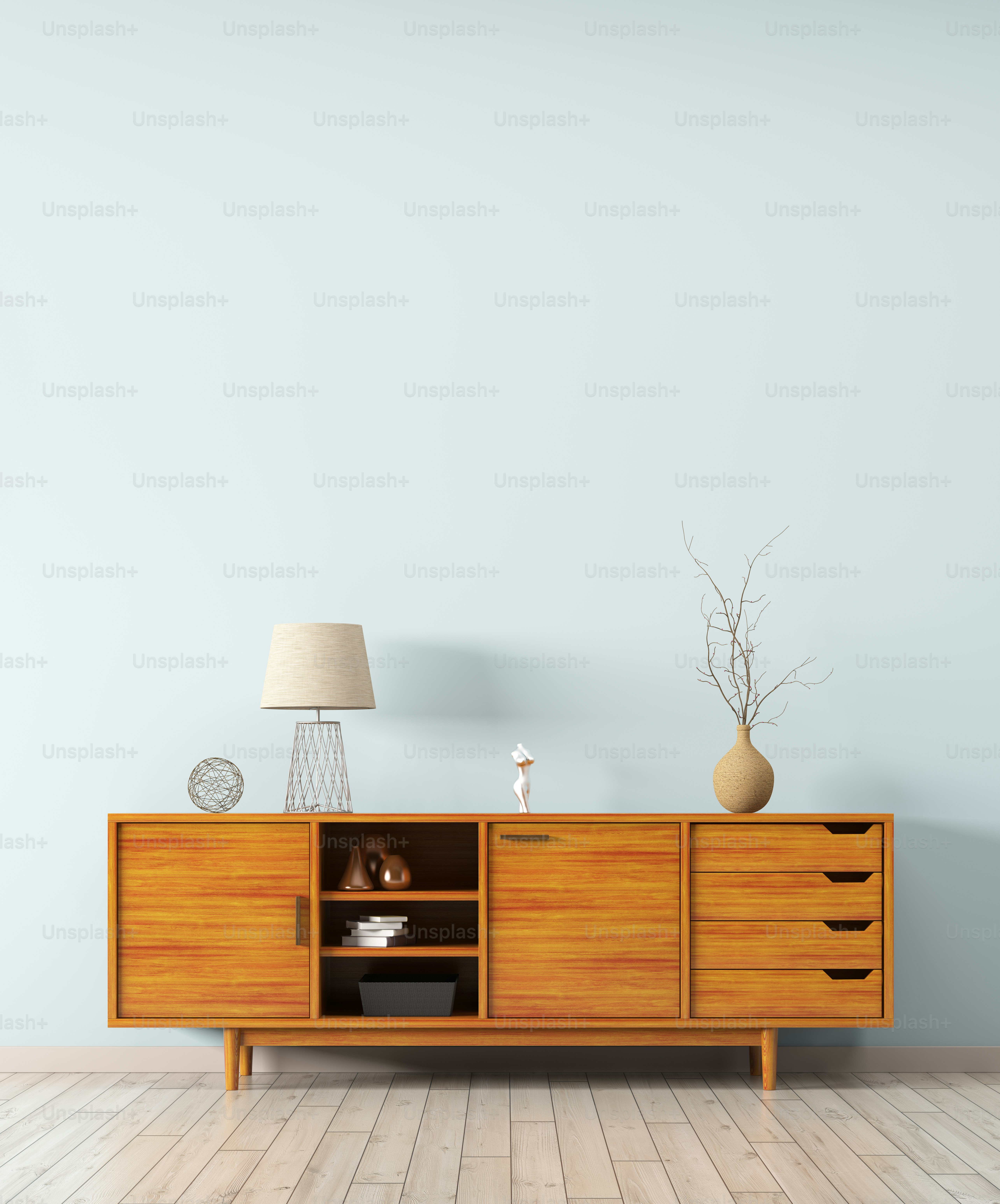 Modern interior of living room with wooden dresser 3d rendering photo ...
