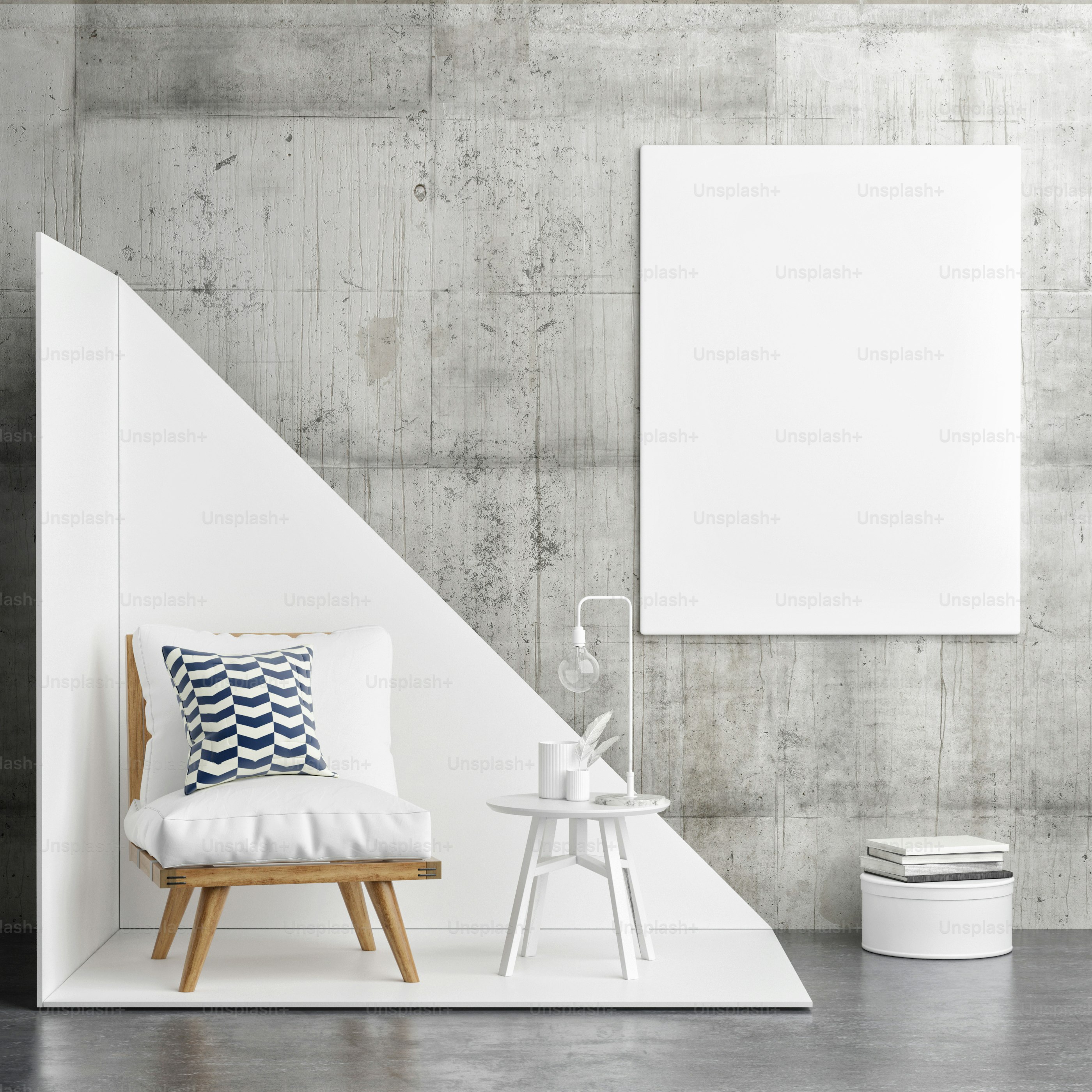 Hipster corner with white poster, interior concept, 3d illustration ...