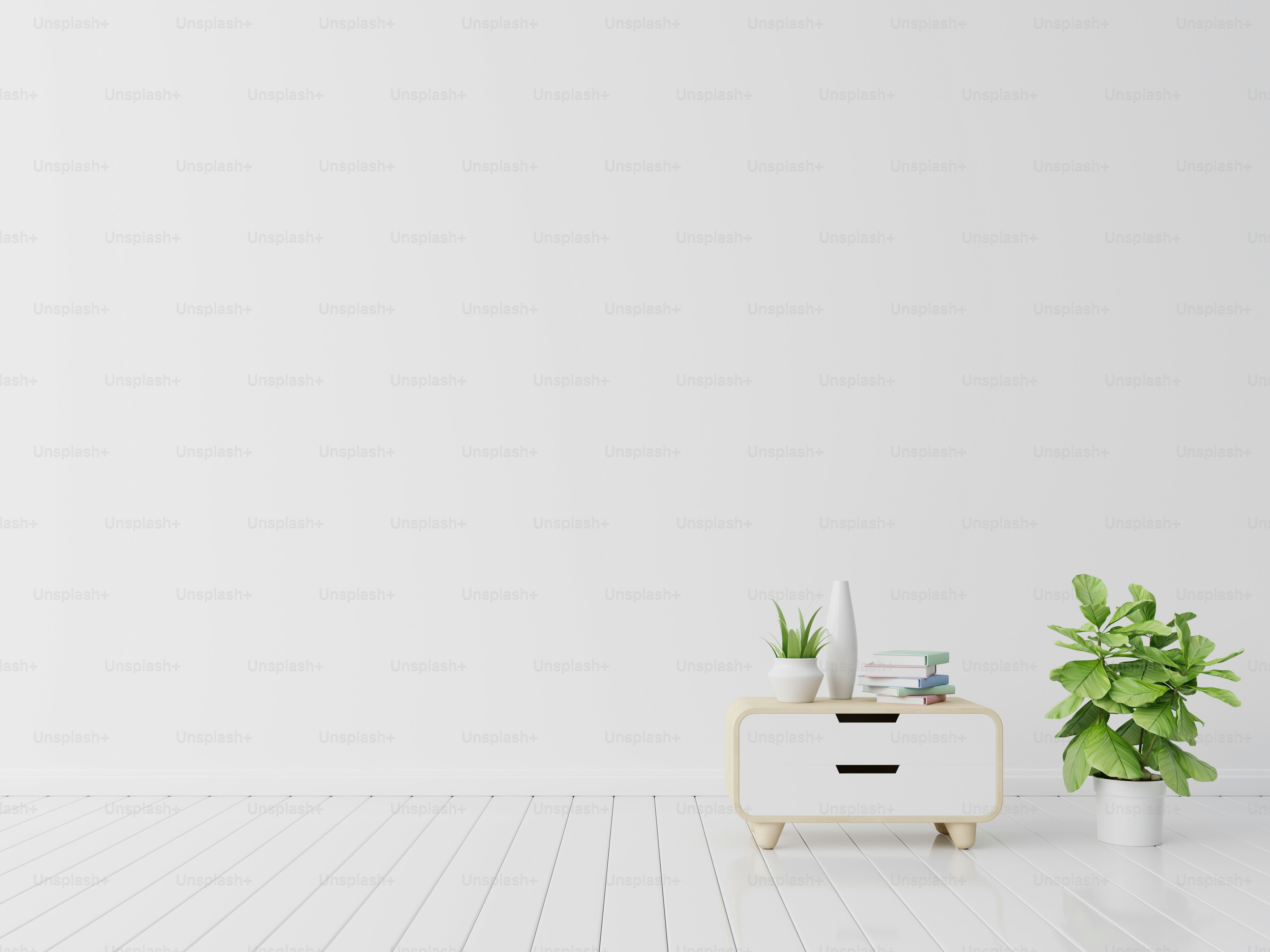 Living Room Interior with plants, cabinet on empty white wall ...
