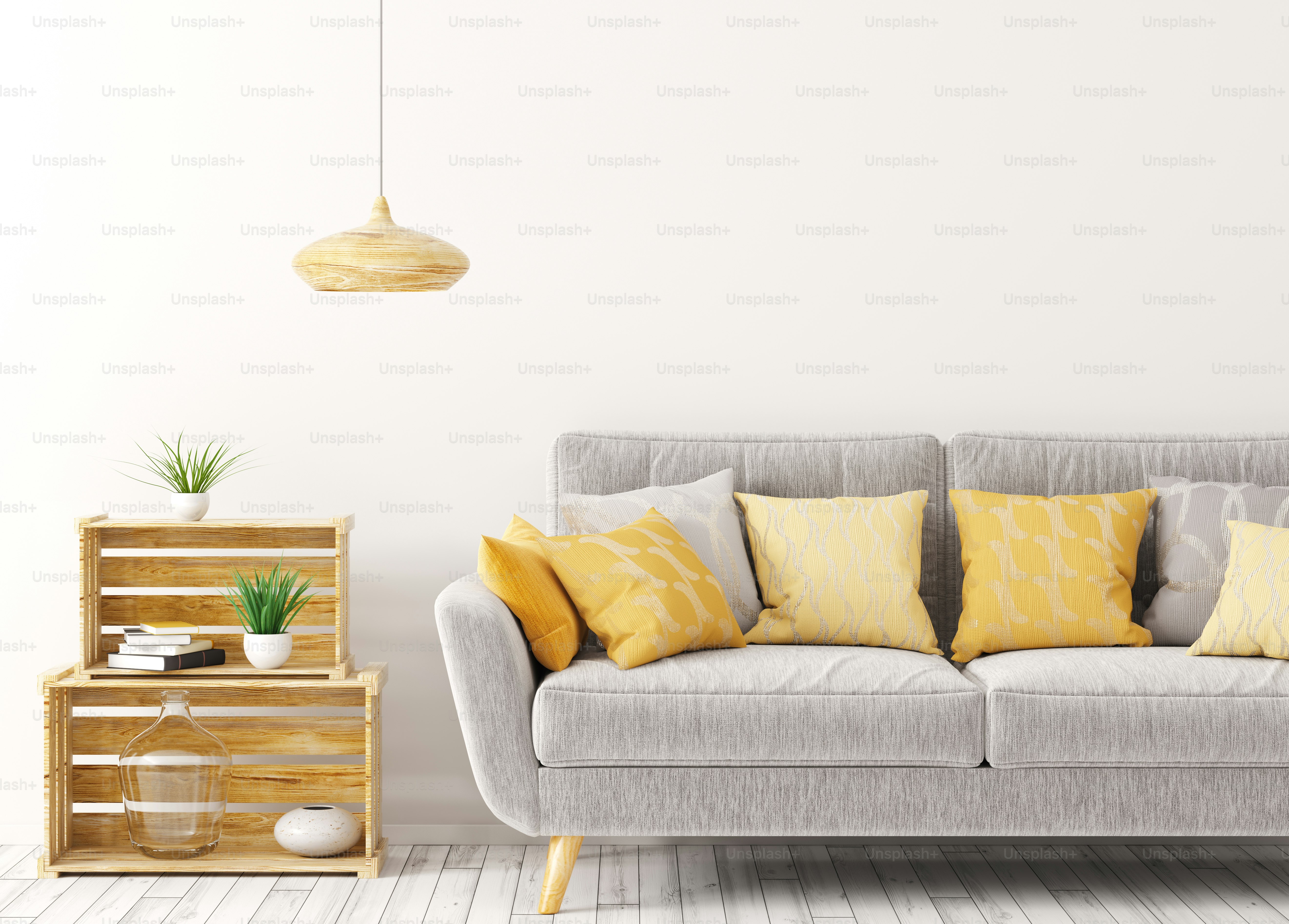 Modern interior design of living room with gray sofa over white wall 3d ...