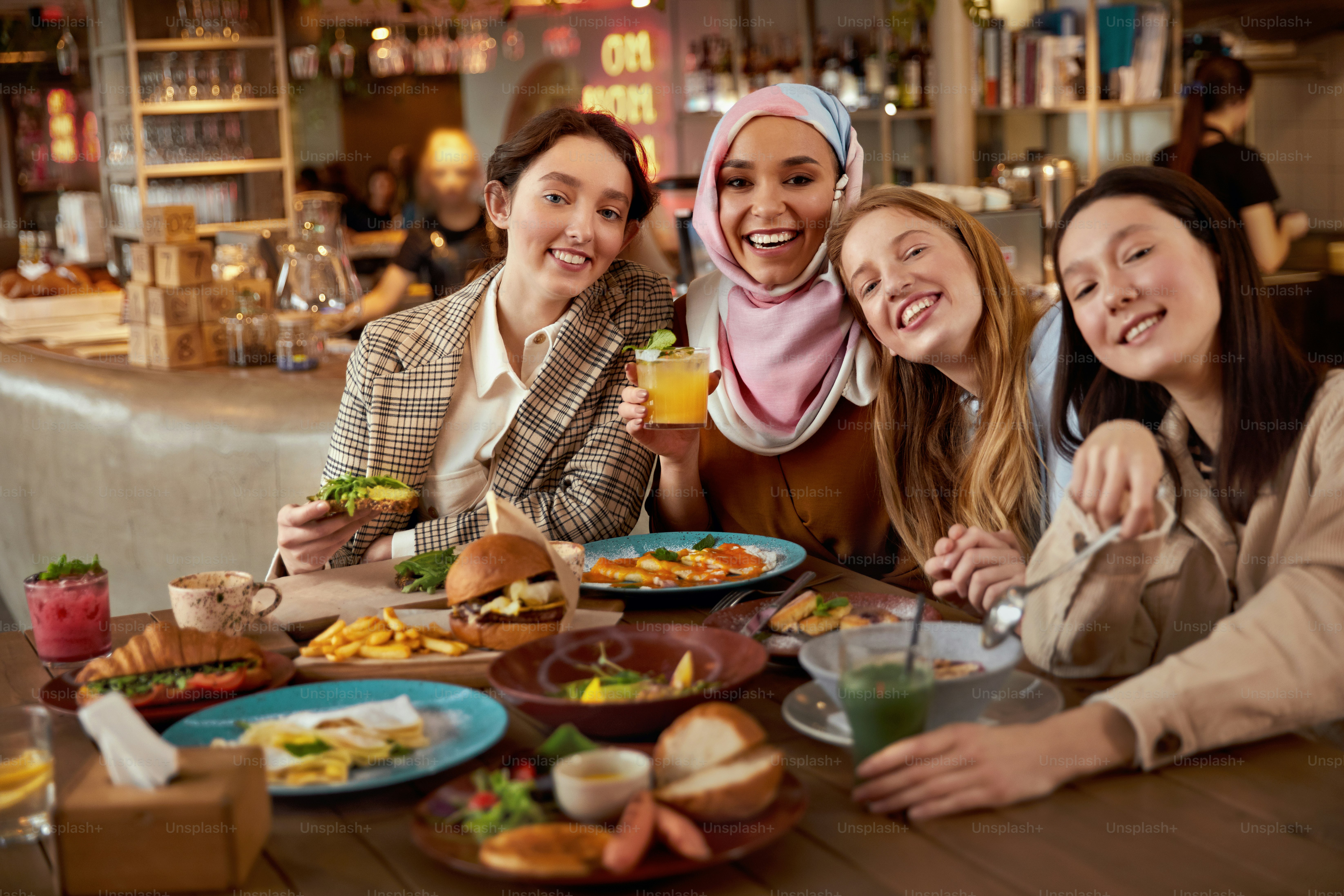 Lunch. Group Of Women In Cafe Portrait. Smiling Multicultural Girls ...