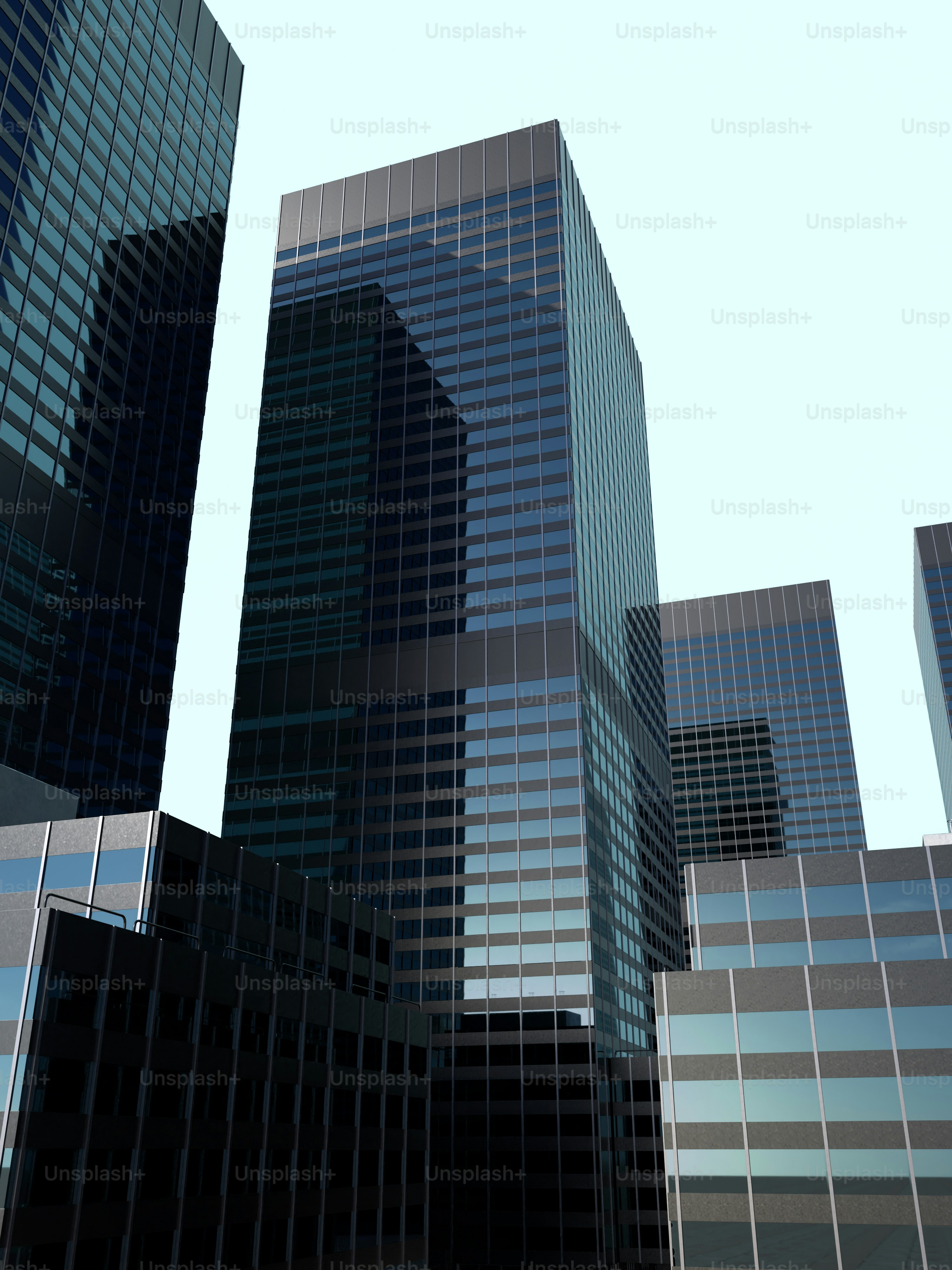 A group of skyscrapers with a blue sky in the background photo ...