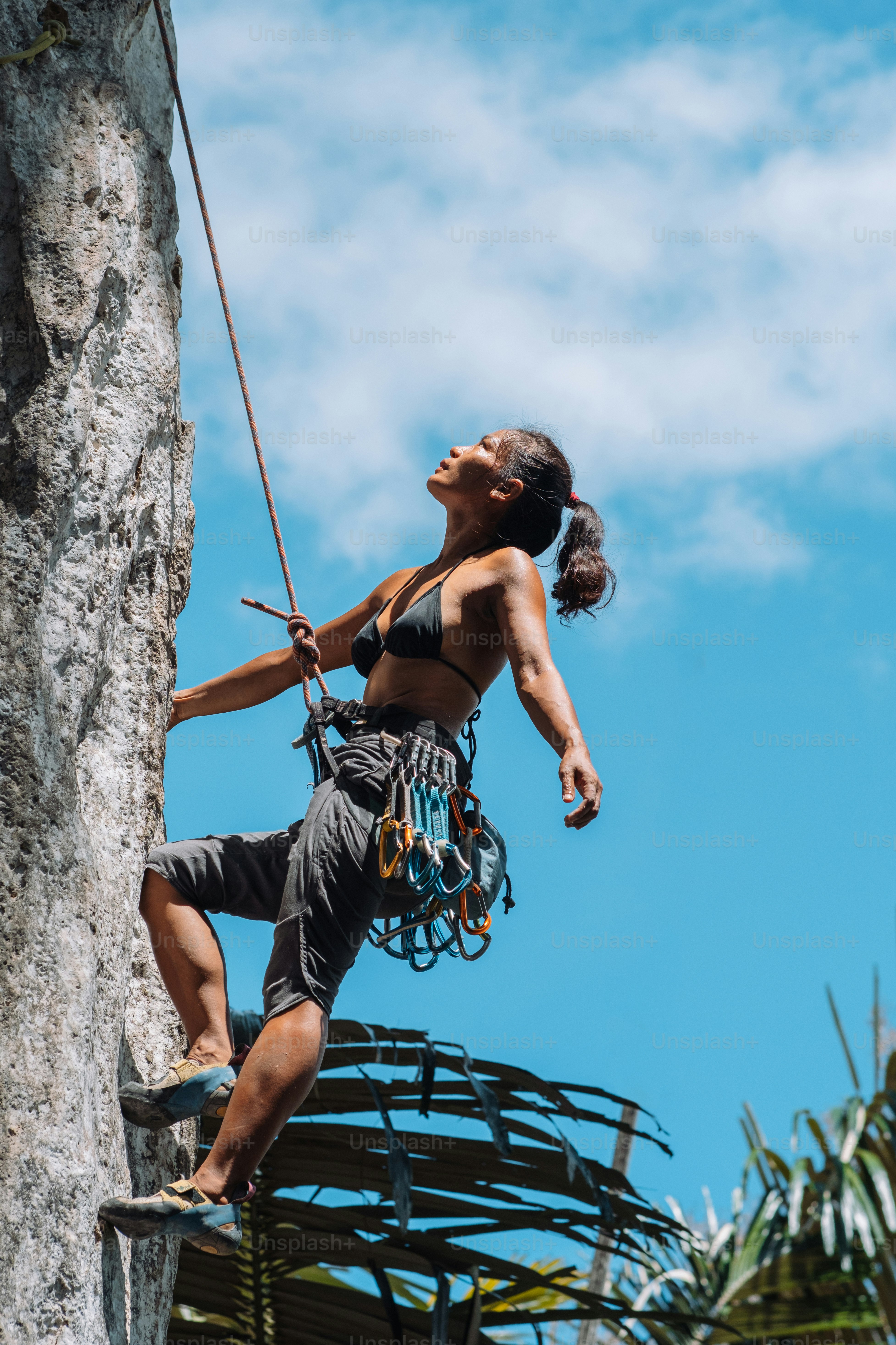 A woman climbing up the side of a cliff photo – Climbing Image on Unsplash