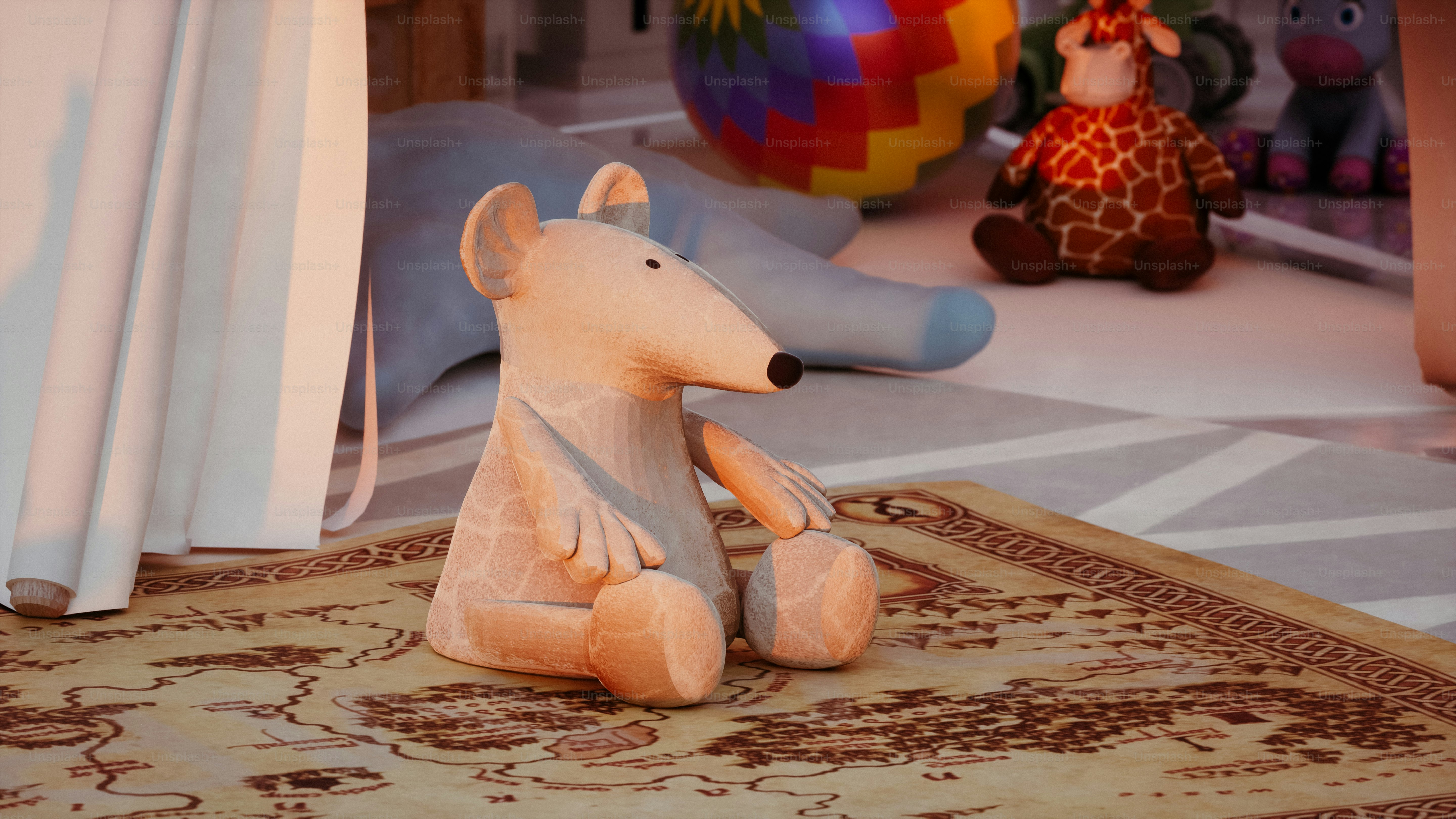 A toy mouse sitting on a rug in a room photo – Cartoon character Image ...