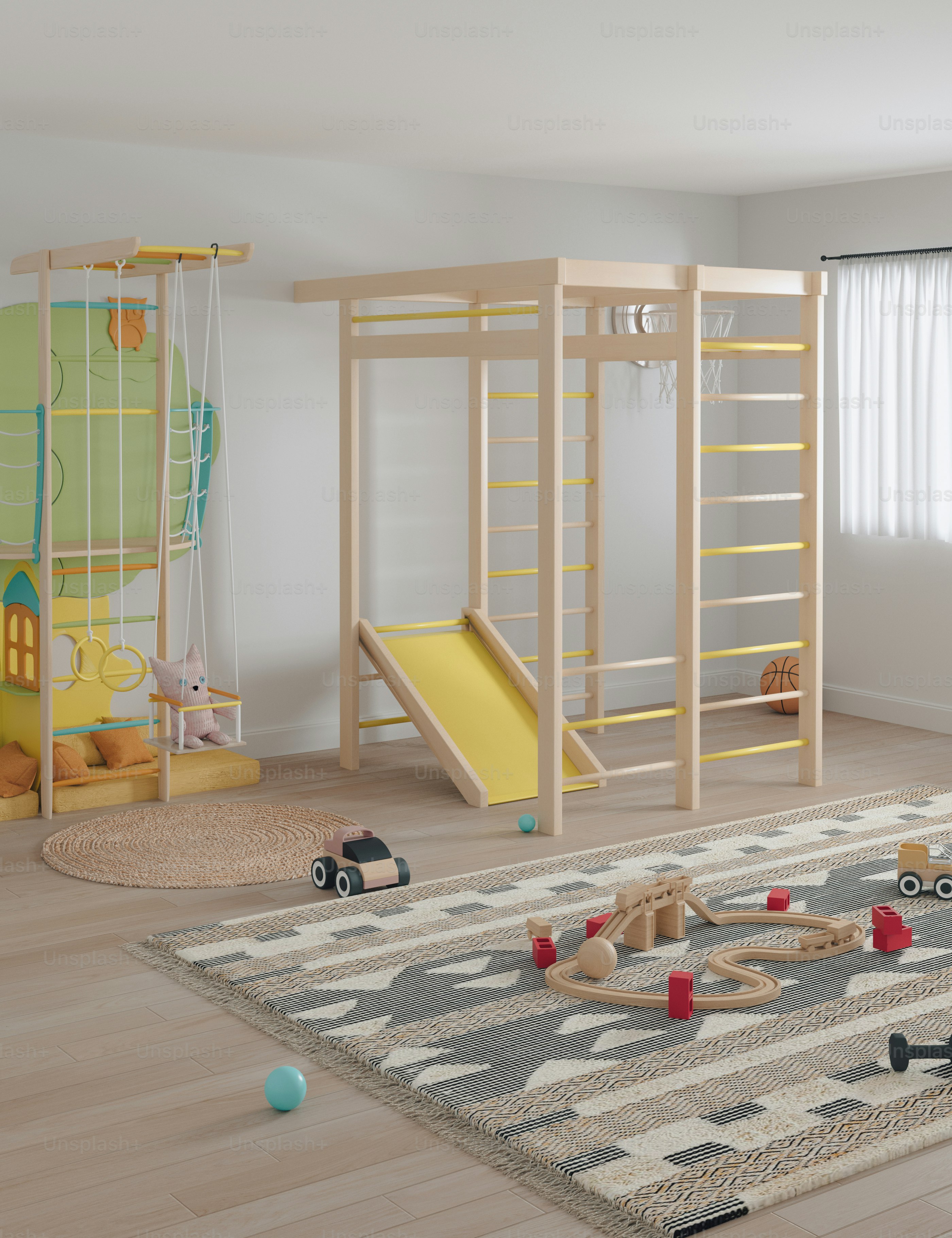 A child's play room with a slide and toys photo – Childs room Image on ...