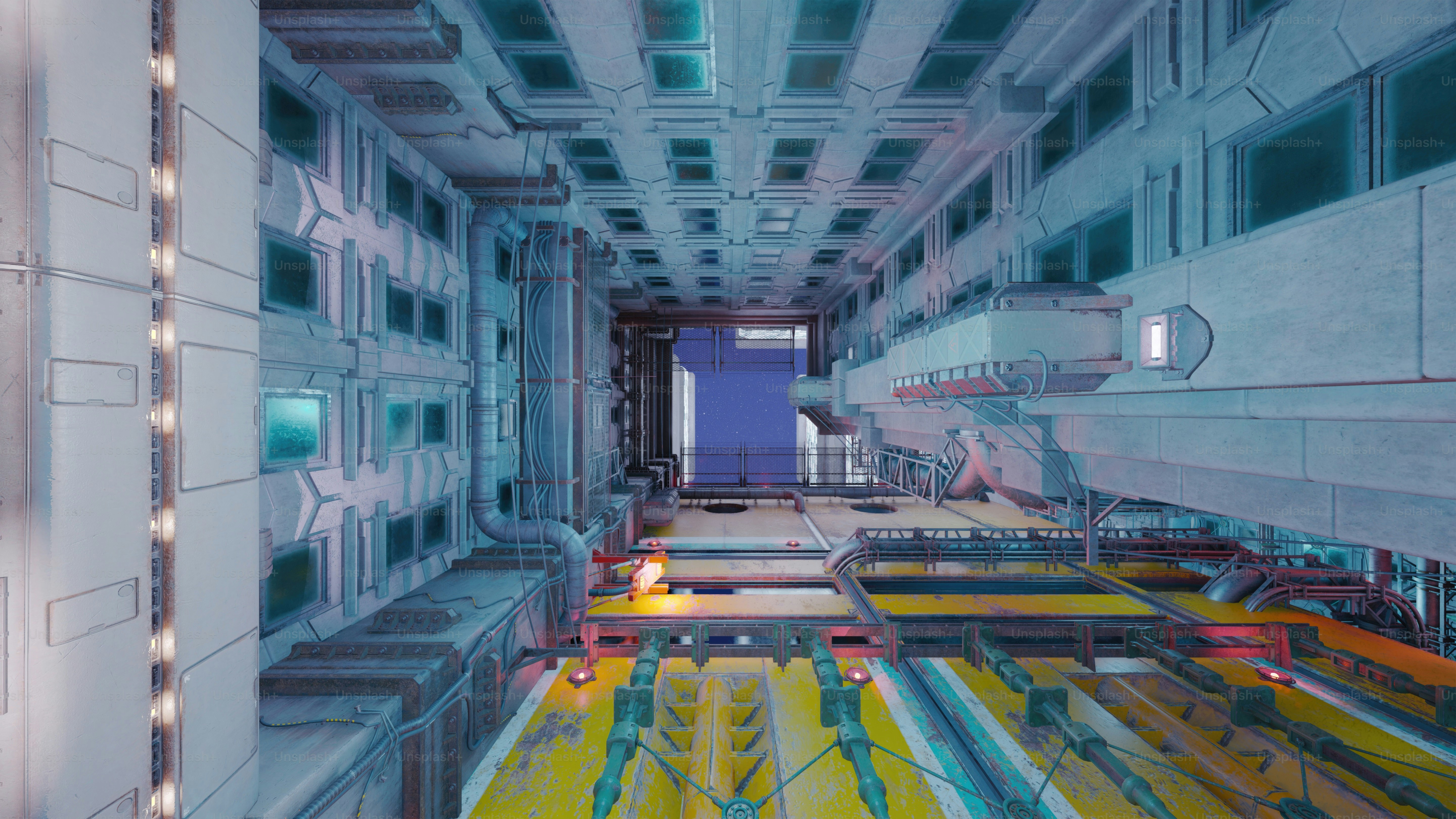 A large room with a lot of yellow and blue items photo – 3d render ...
