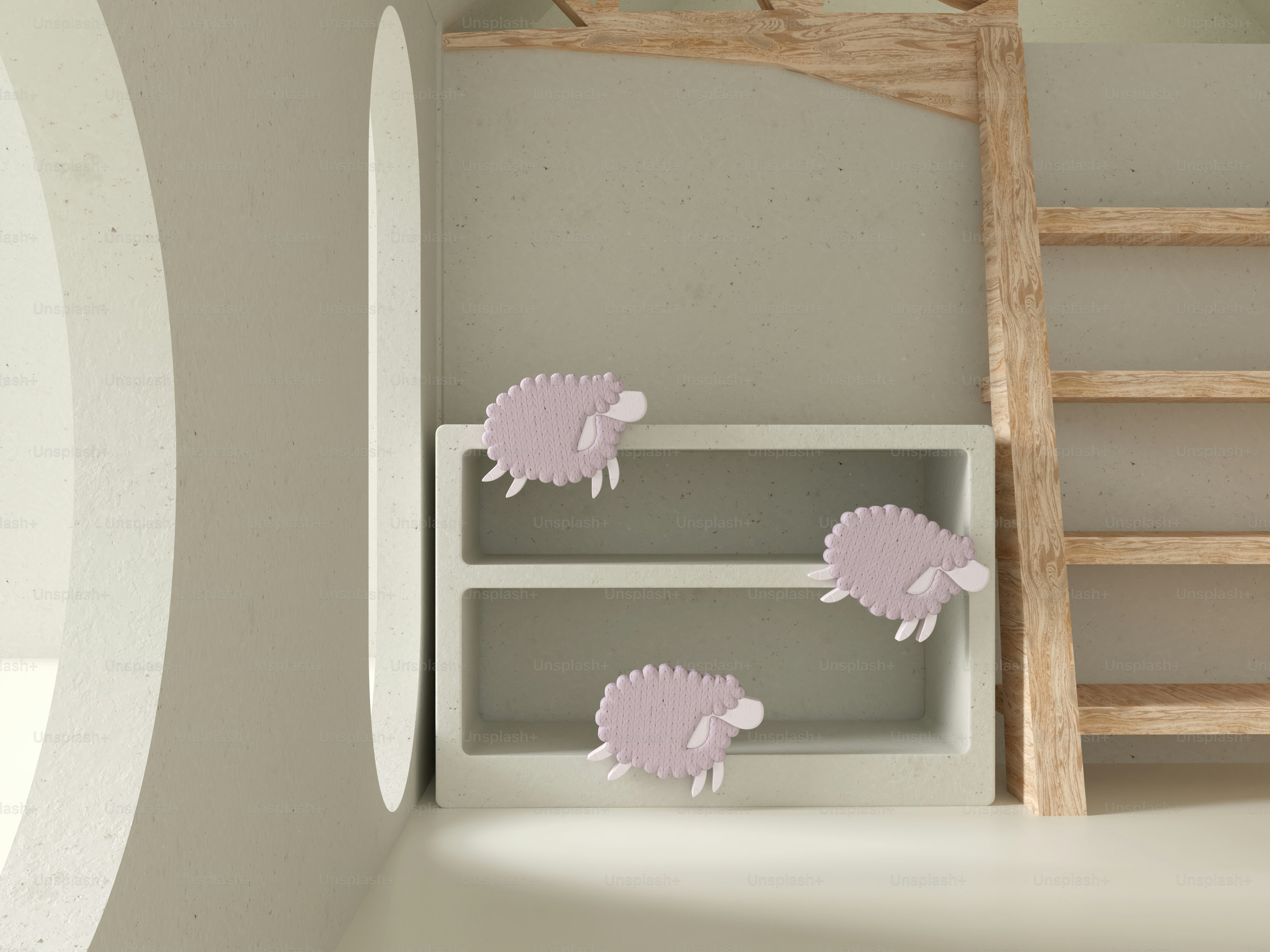 A room with a ladder and three pink hedgehogs photo – Digital image ...