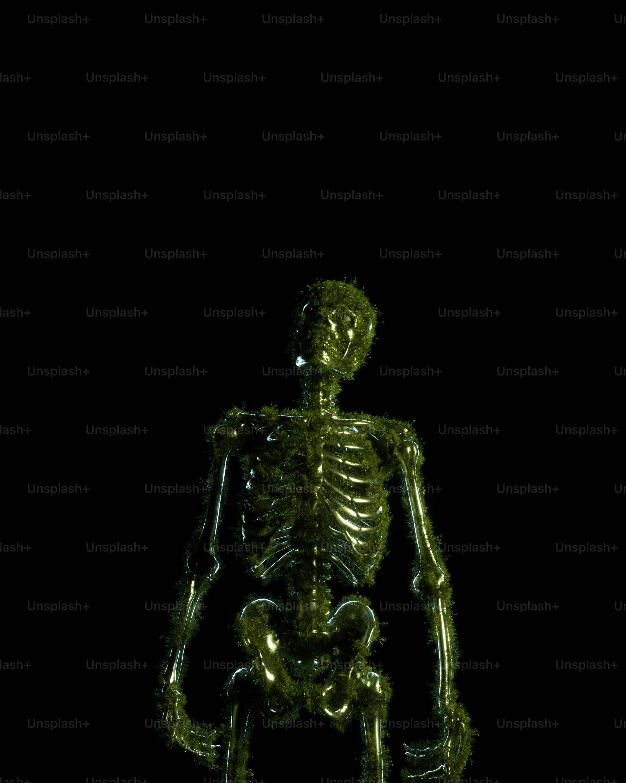 A skeleton sitting in the middle of a dark room photo – Wallpaper ...