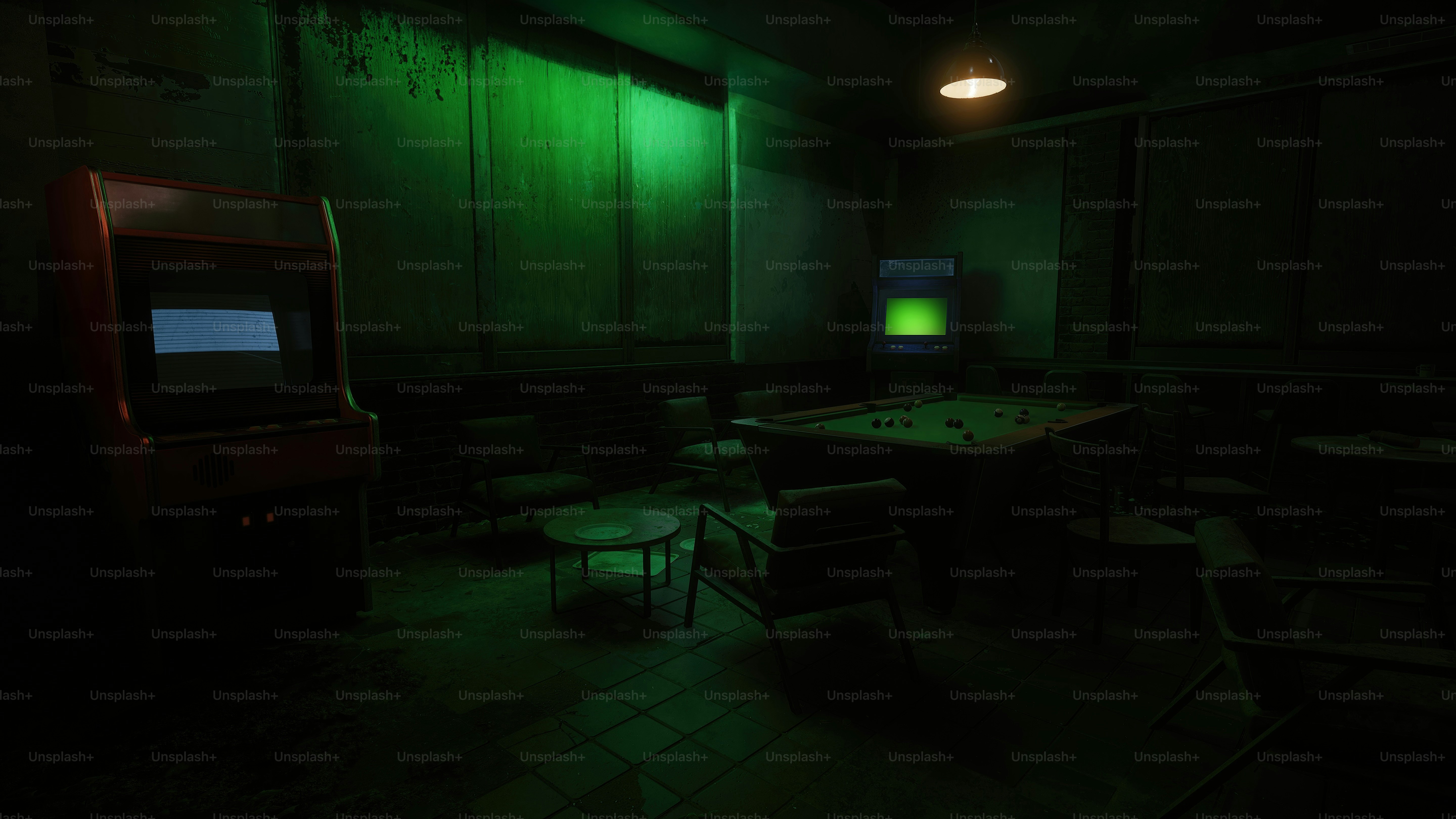 A dimly lit room with a pool table and arcade photo – 90s Image on Unsplash