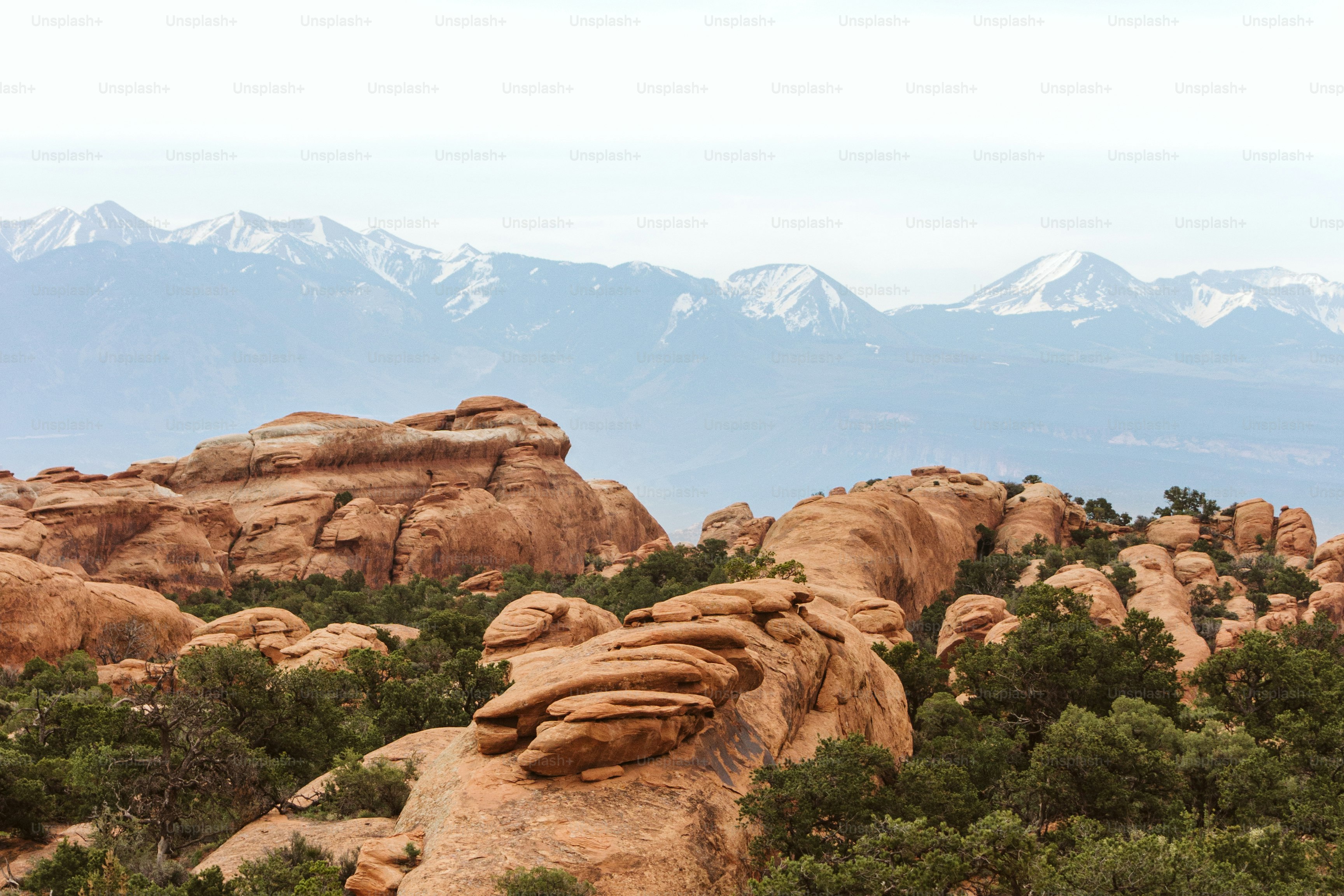 A rocky landscape with mountains in the background photo – Arches ...