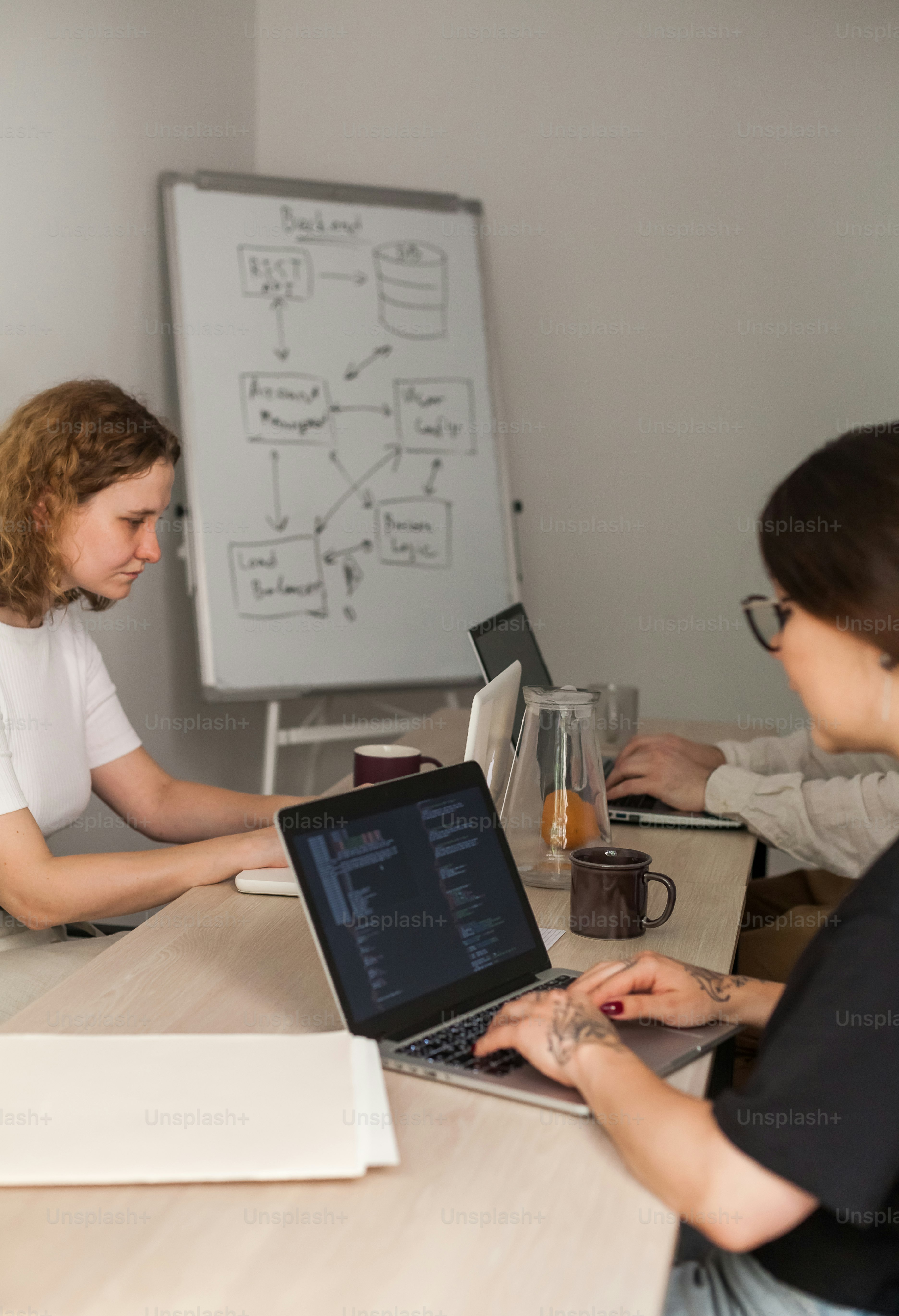 A group of people sitting around a table with laptops photo – Office ...