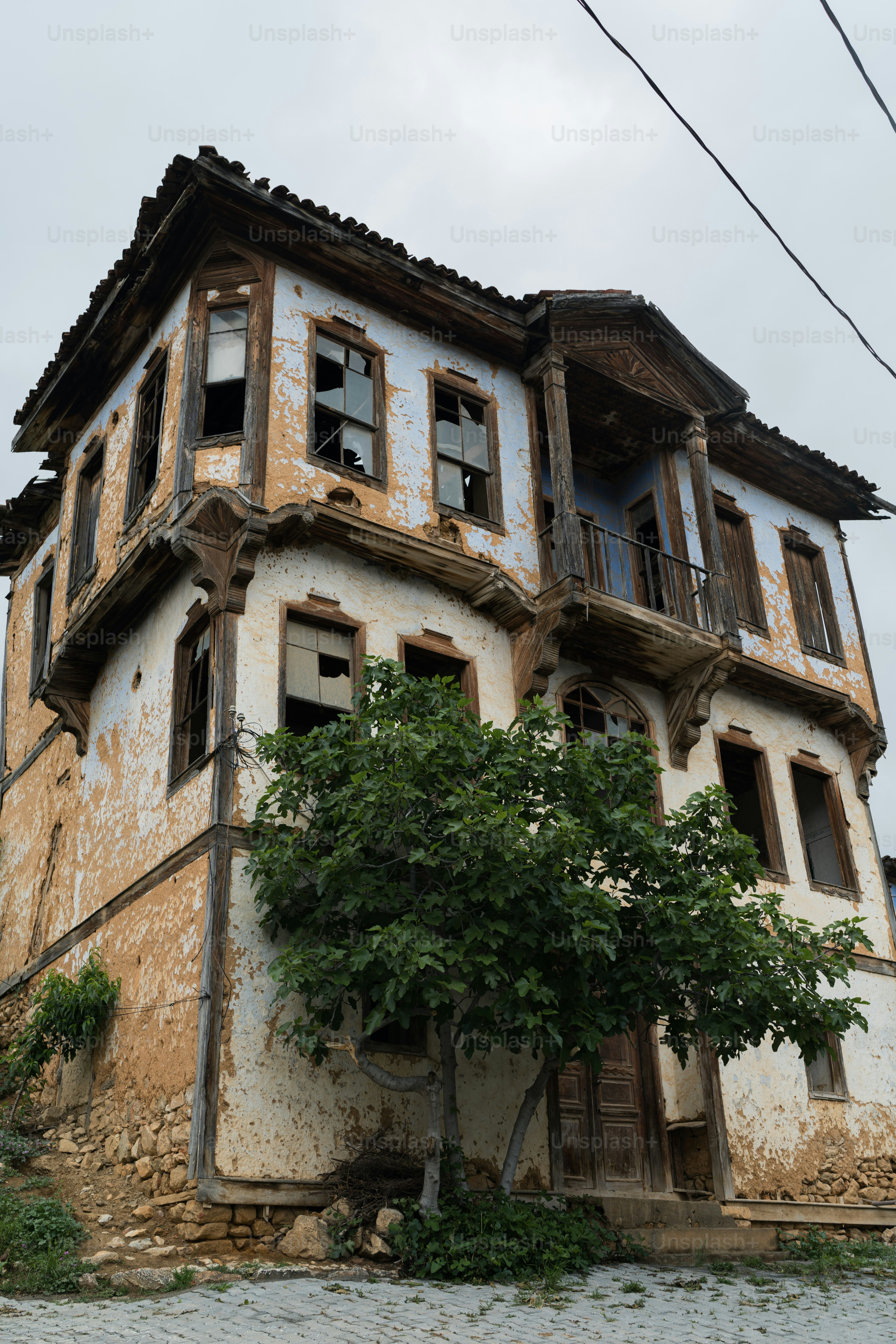 An old run down building with a tree in front of it photo – Poor Image ...