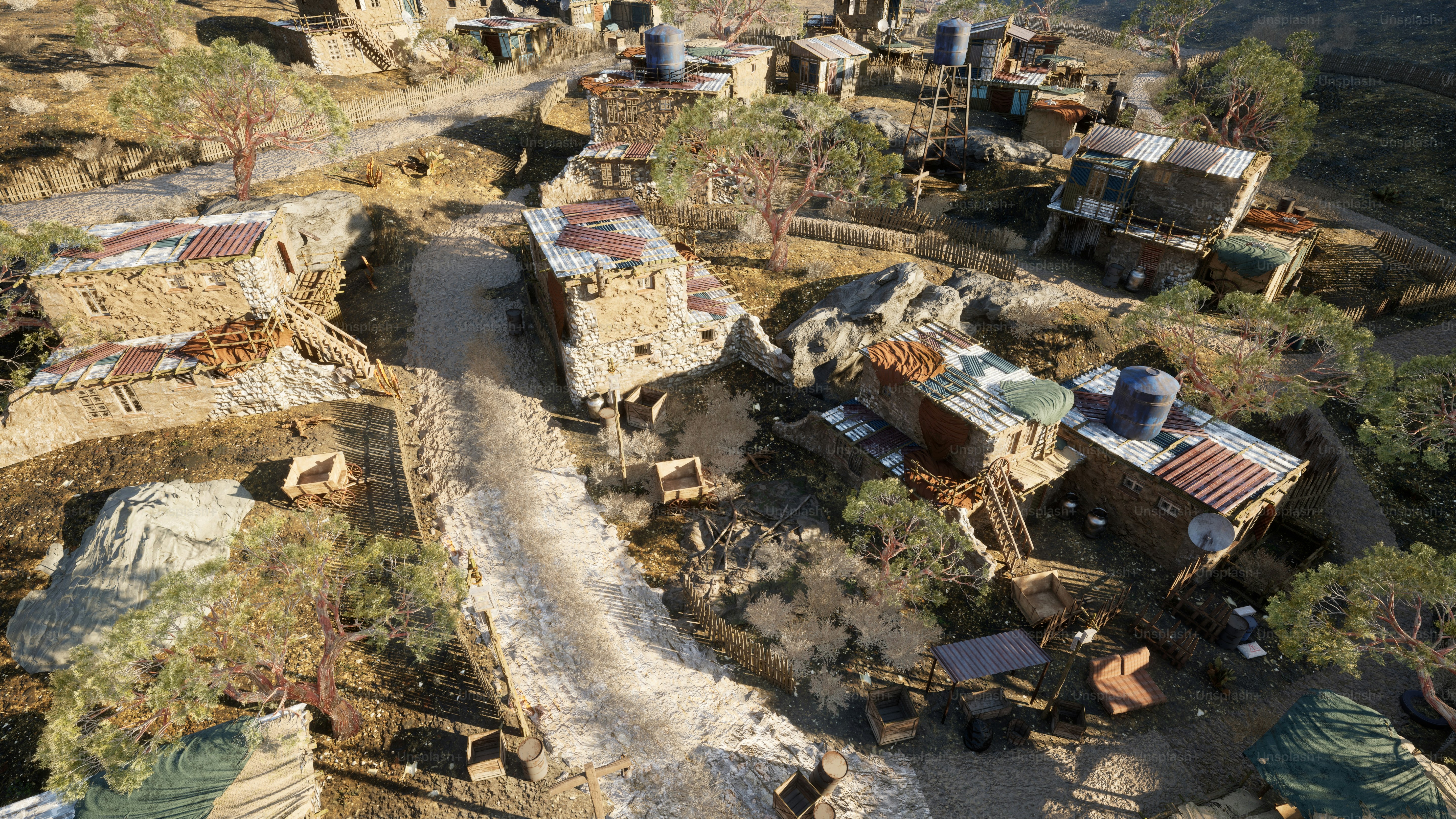 An aerial view of a village in the mountains photo – Poverty Image on ...