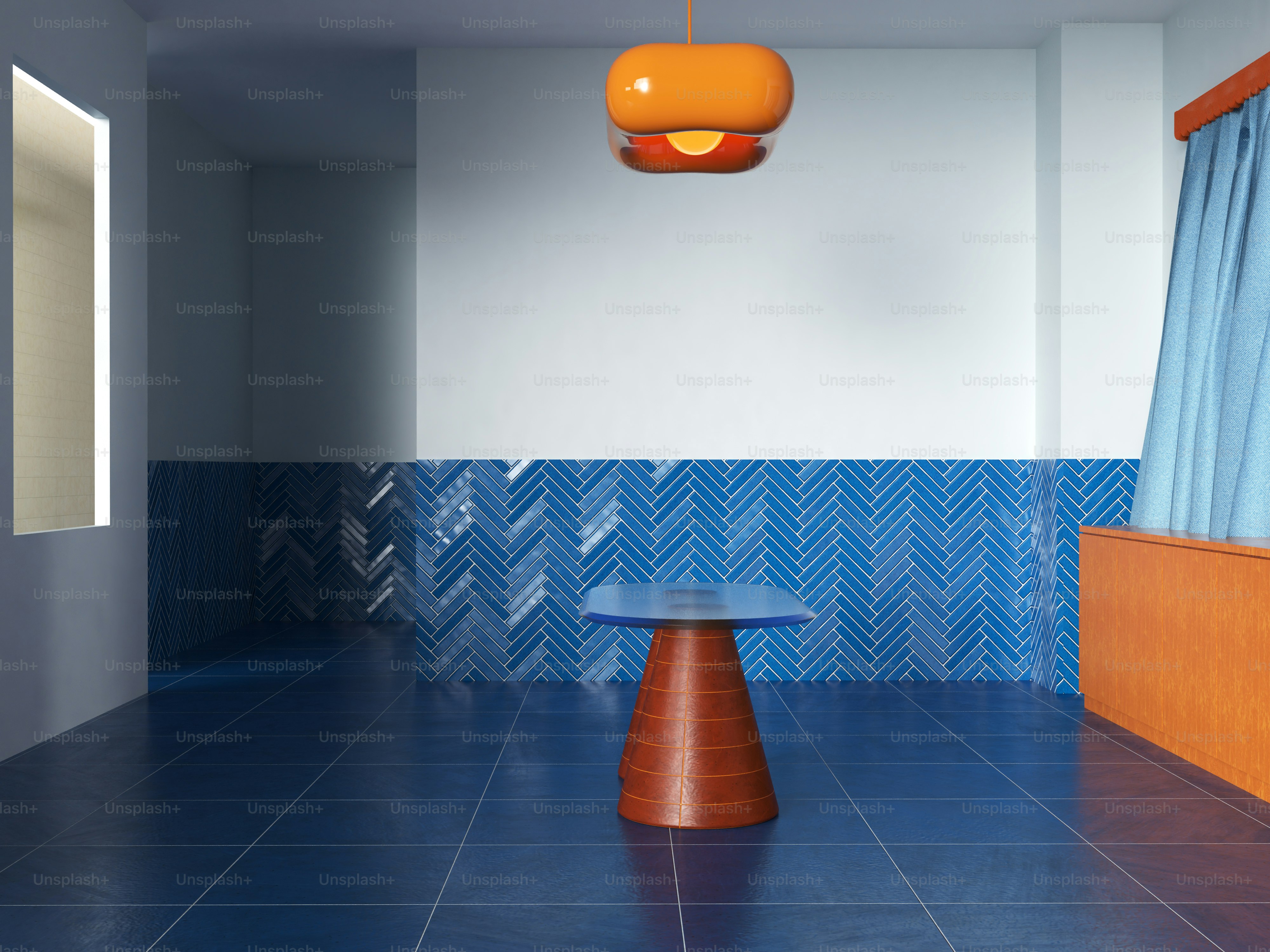 A blue tiled room with a round table photo – Colorful interiors Image ...