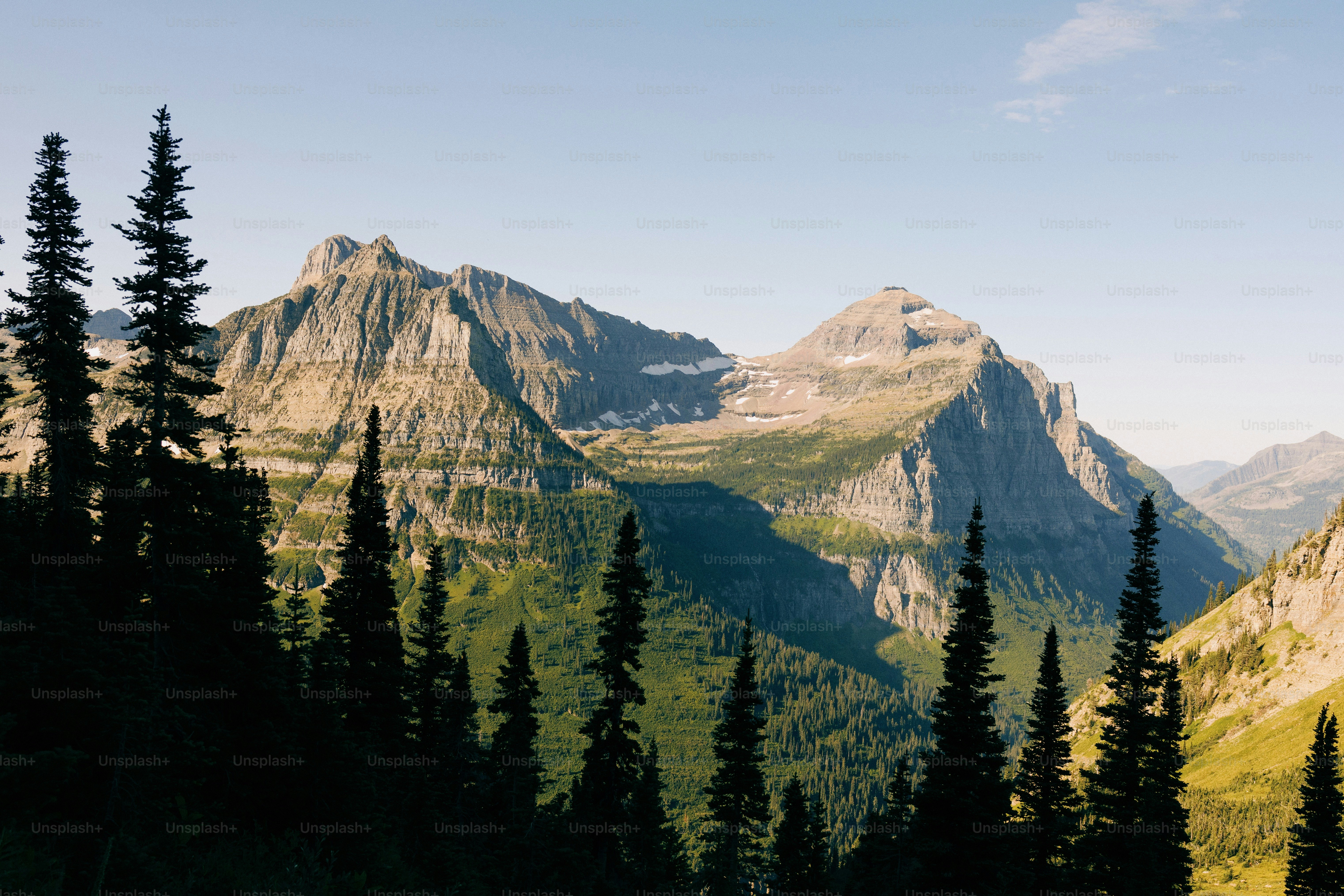 A view of a mountain range with trees in the foreground photo – Glacier ...