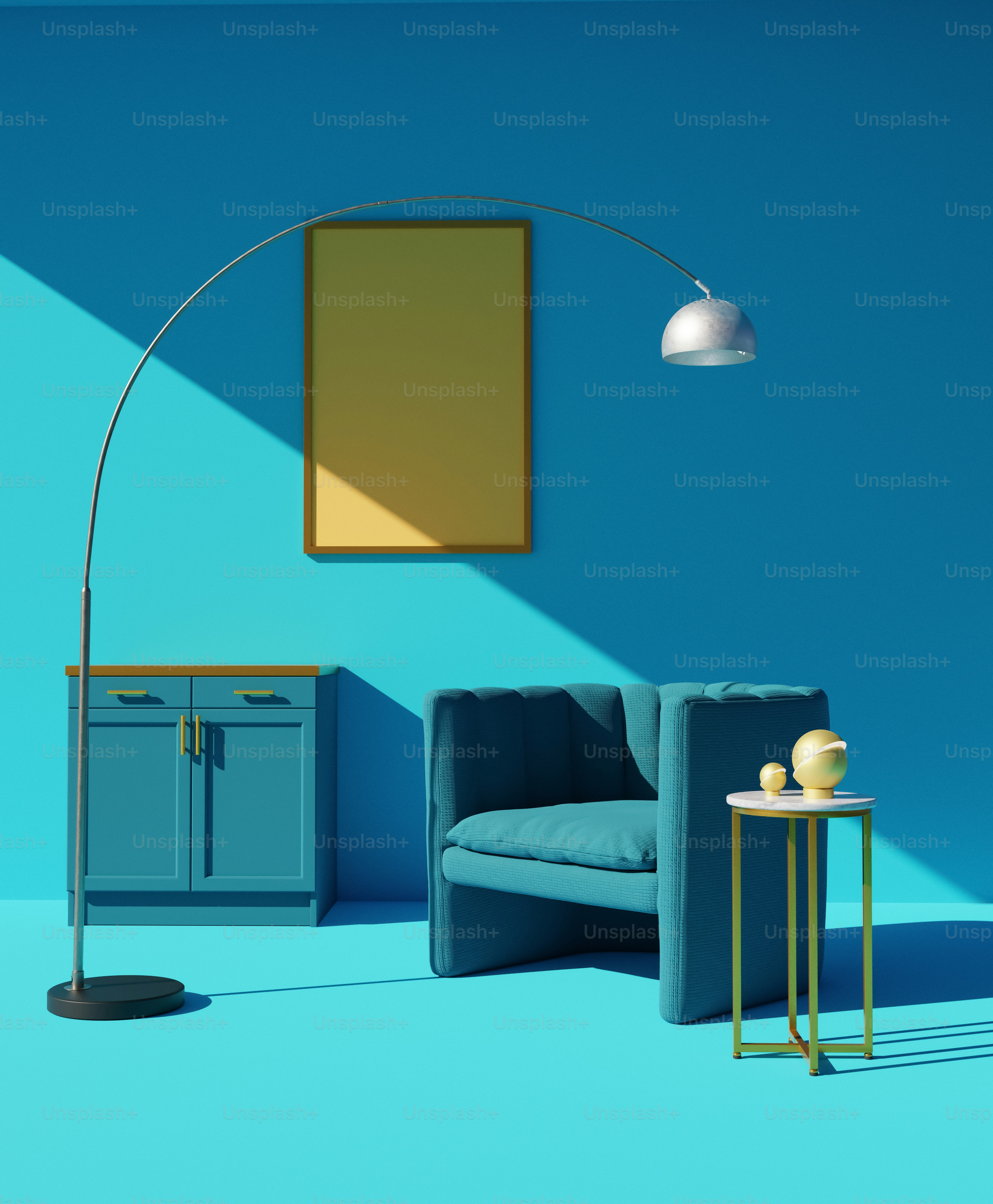 A living room with blue walls and a blue couch photo – Decor Image on ...