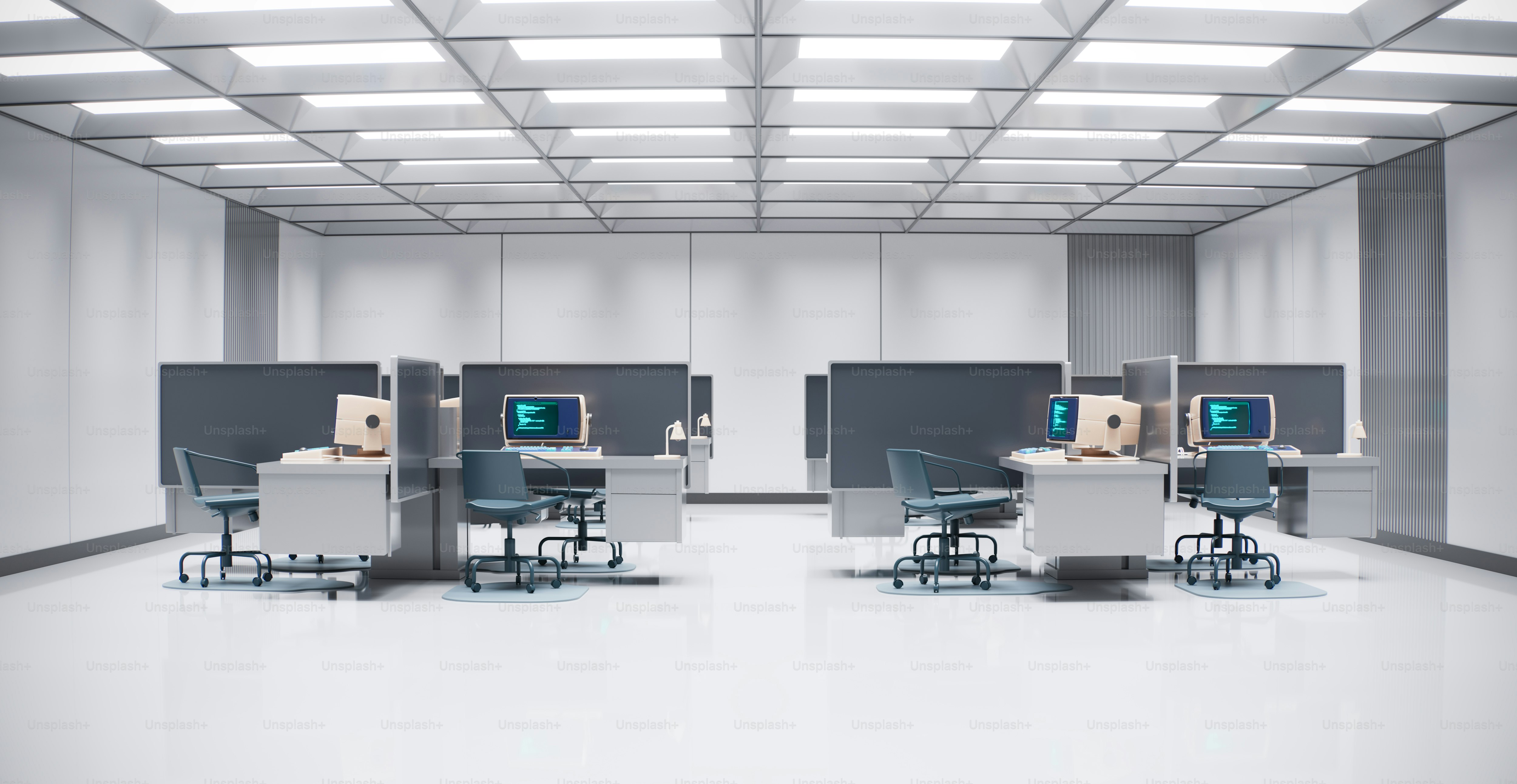 An office cubicle with three monitors and a computer photo – Cubicles ...