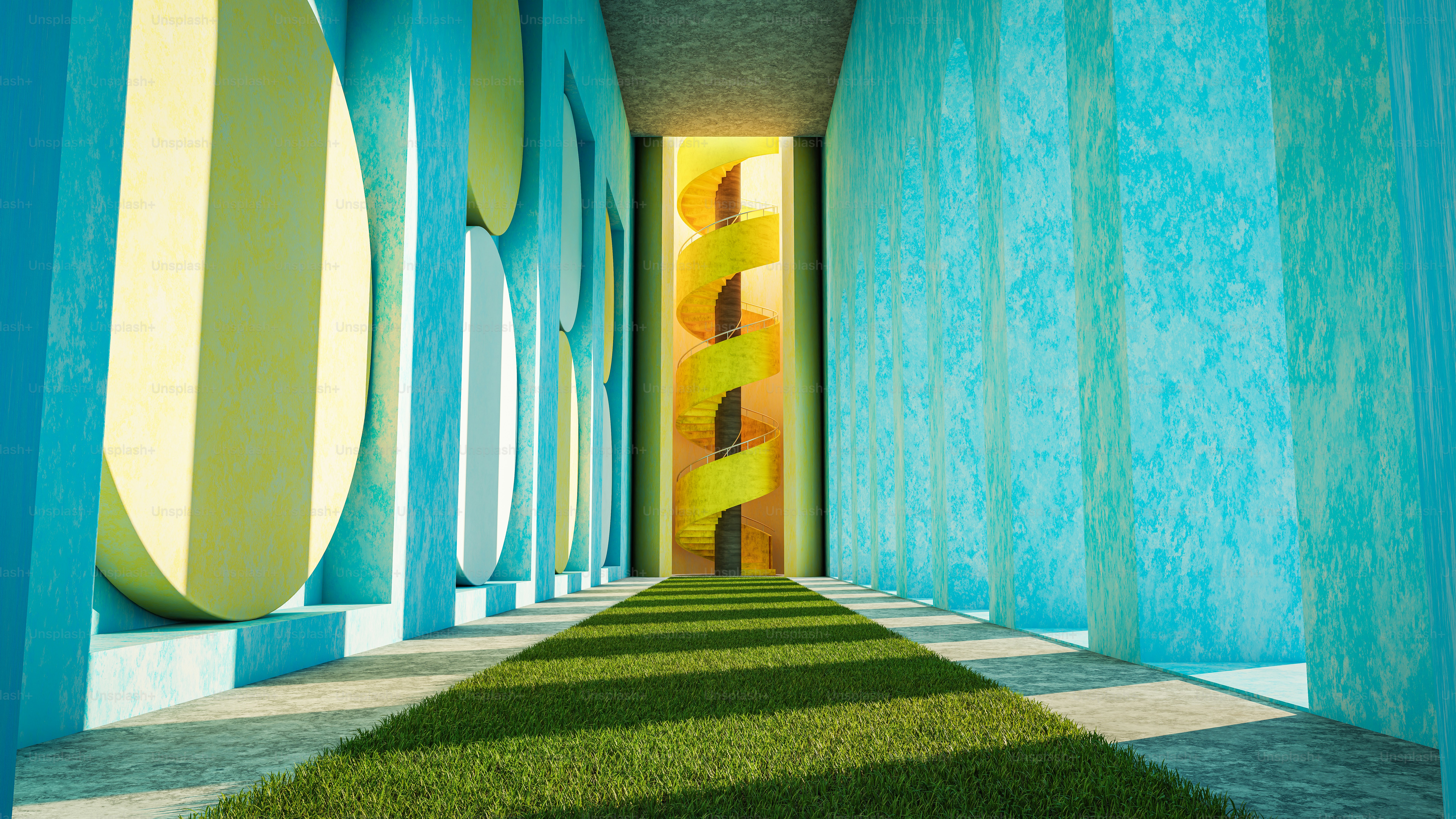 A long hallway with grass and blue walls photo – Colorful architecture ...