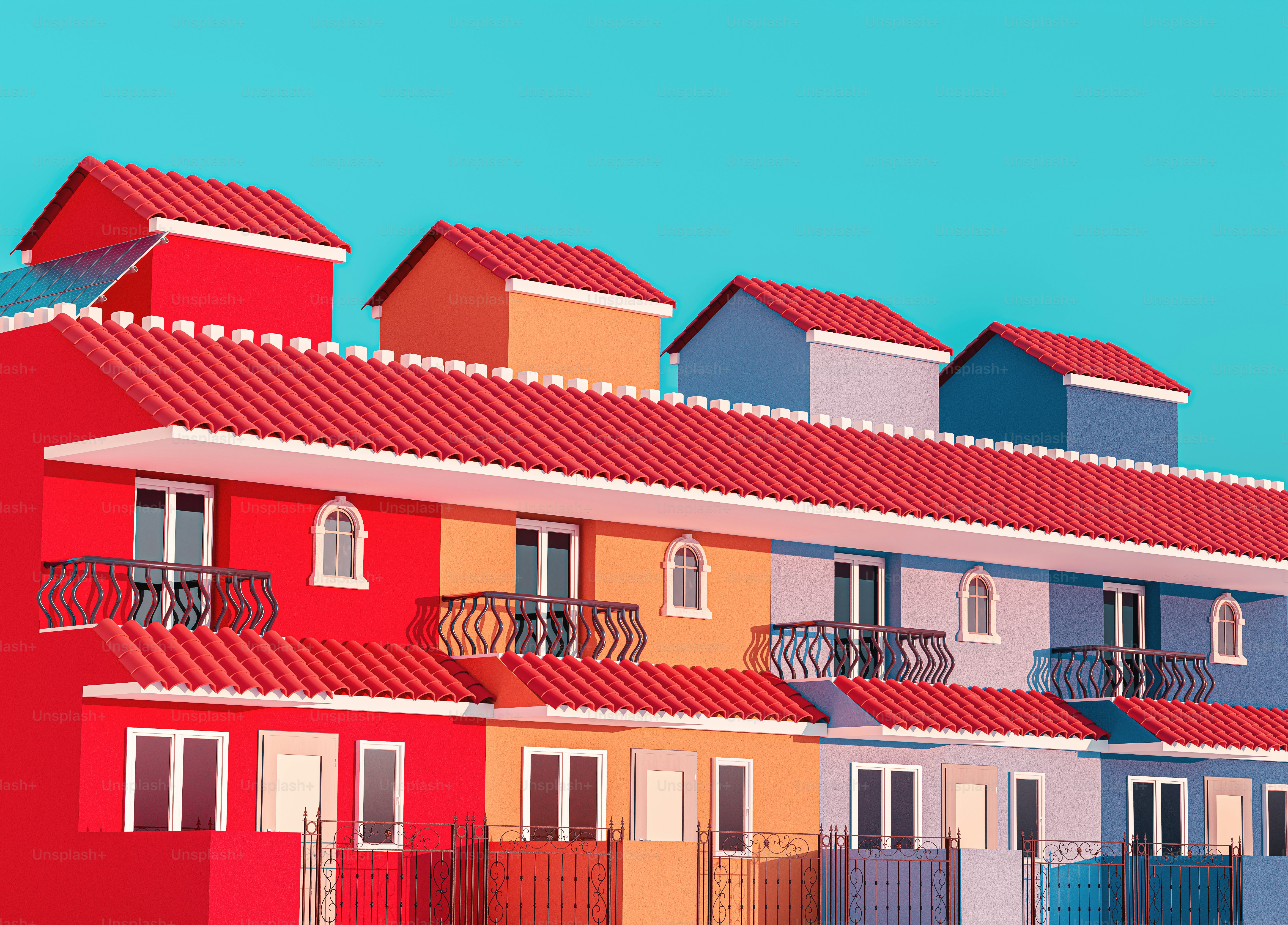 A row of multi - colored houses with balconies and balconies on photo ...