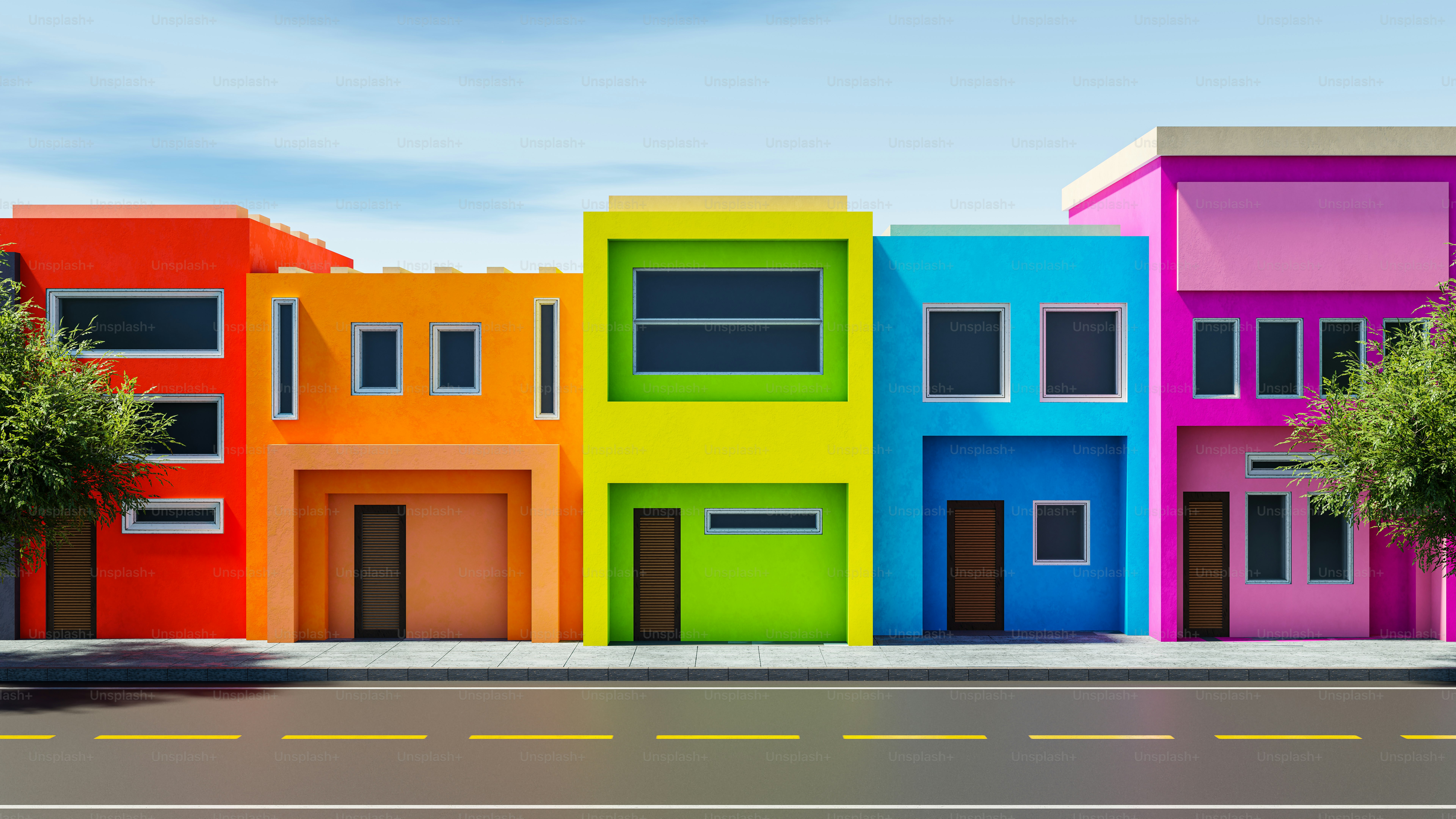 A row of multi - colored buildings on the side of a road photo ...