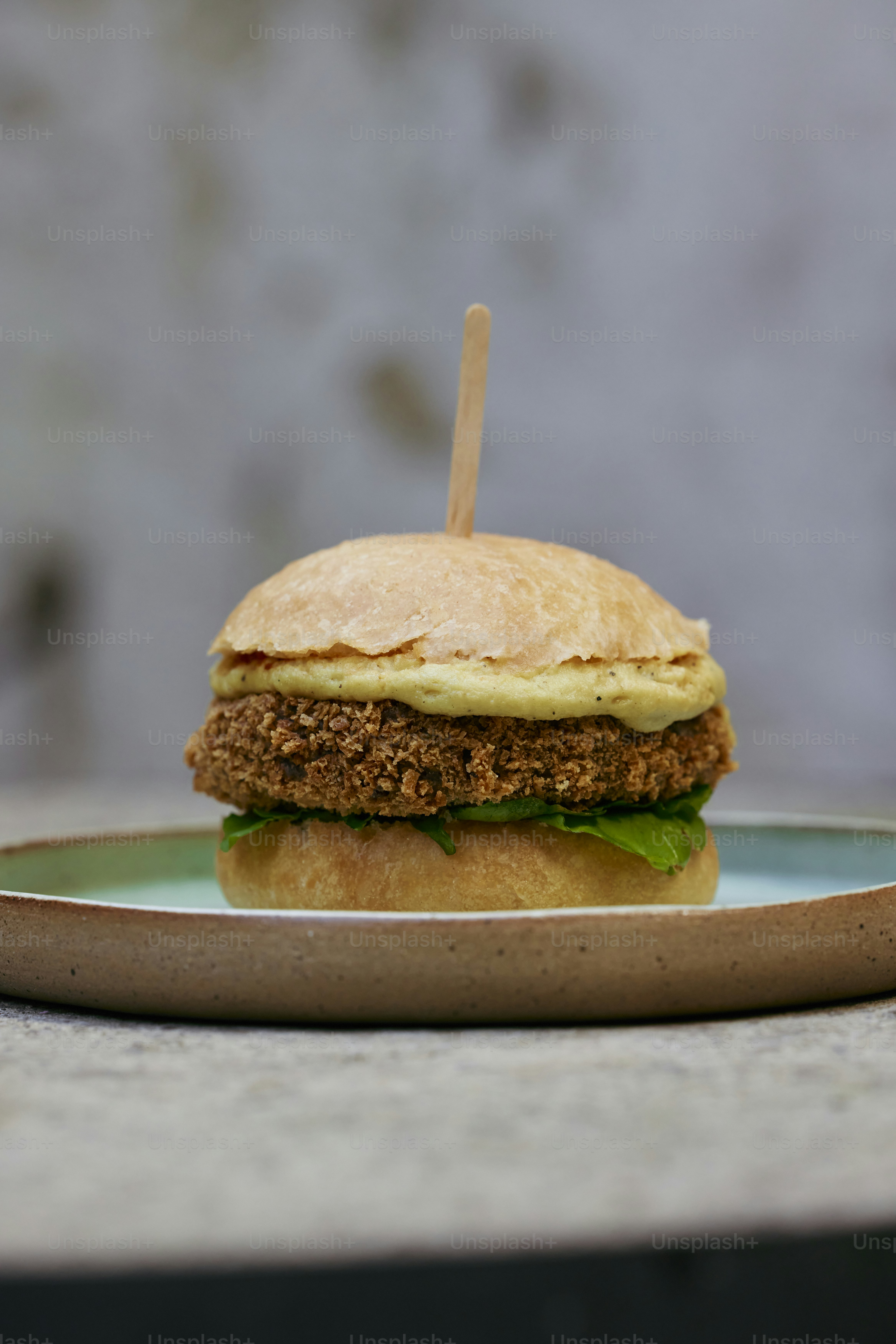 A sandwich on a plate with a toothpick sticking out of it photo – Food ...