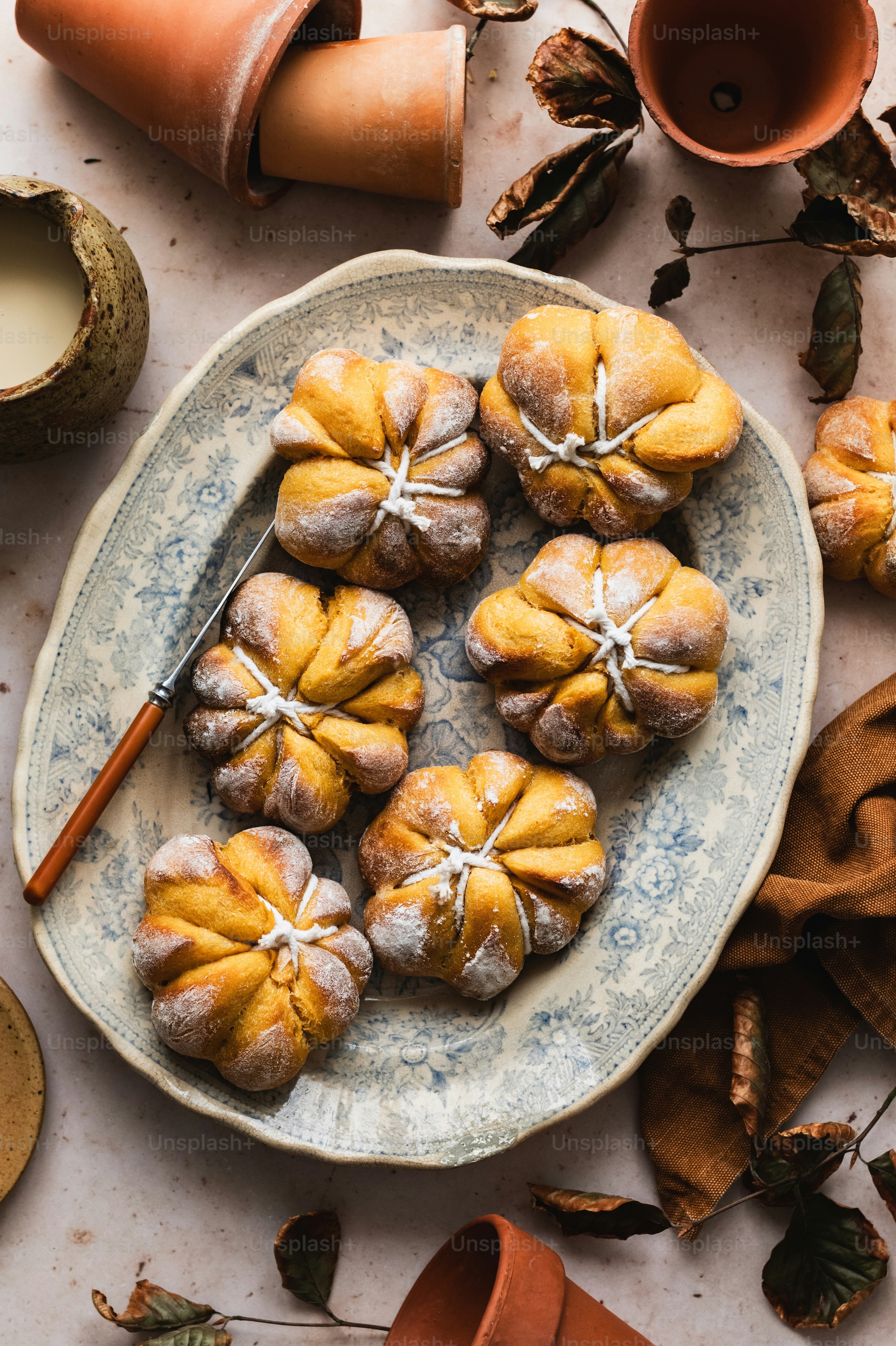 A plate of pastries on a table next to a potted plant photo – Pumpkins ...