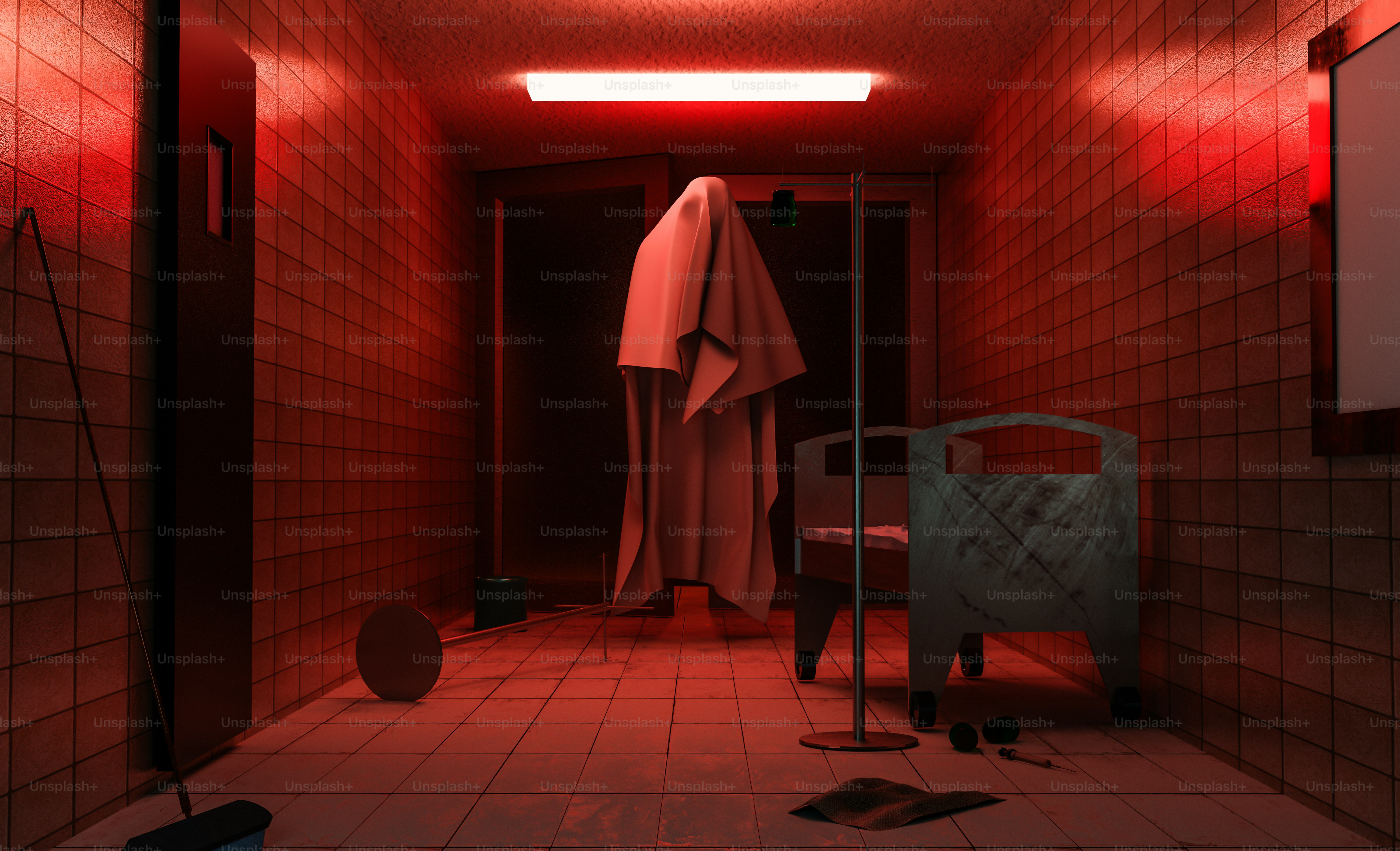 A dimly lit bathroom with a red light photo – Ghost Image on Unsplash
