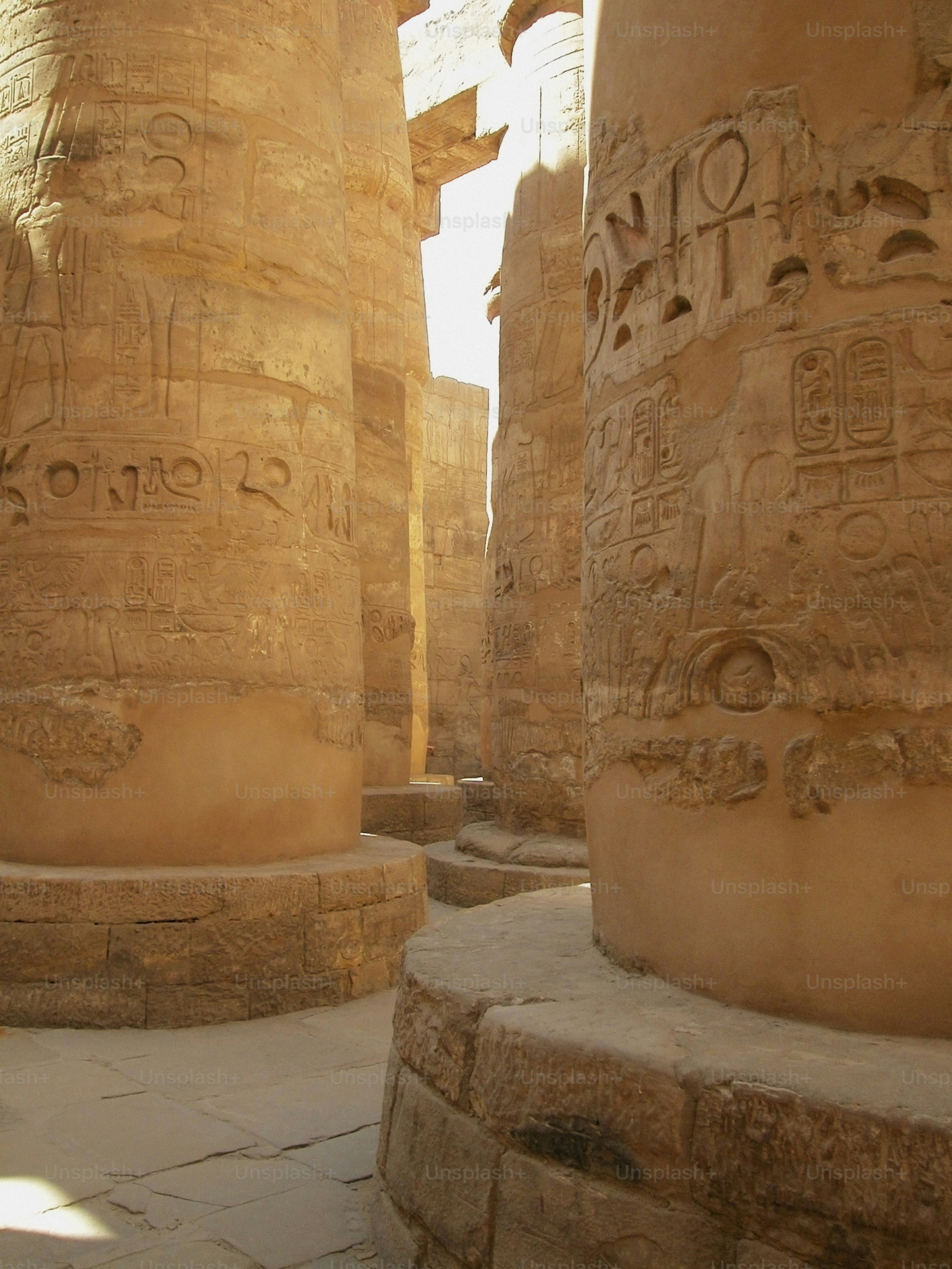 The columns of the temple are carved with ancient egyptian writing ...