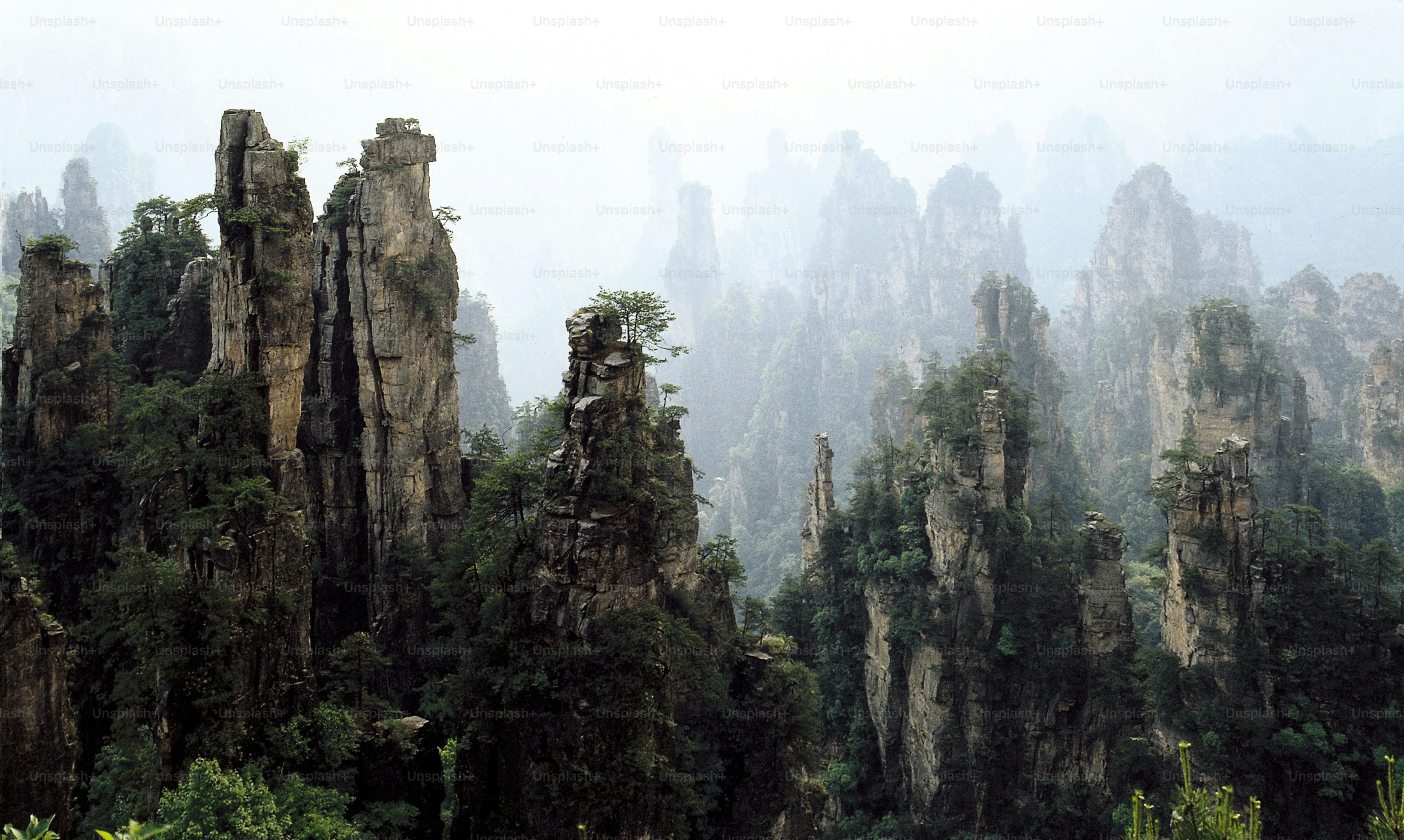 A rocky landscape with trees and rocks in the foreground photo – Asia ...