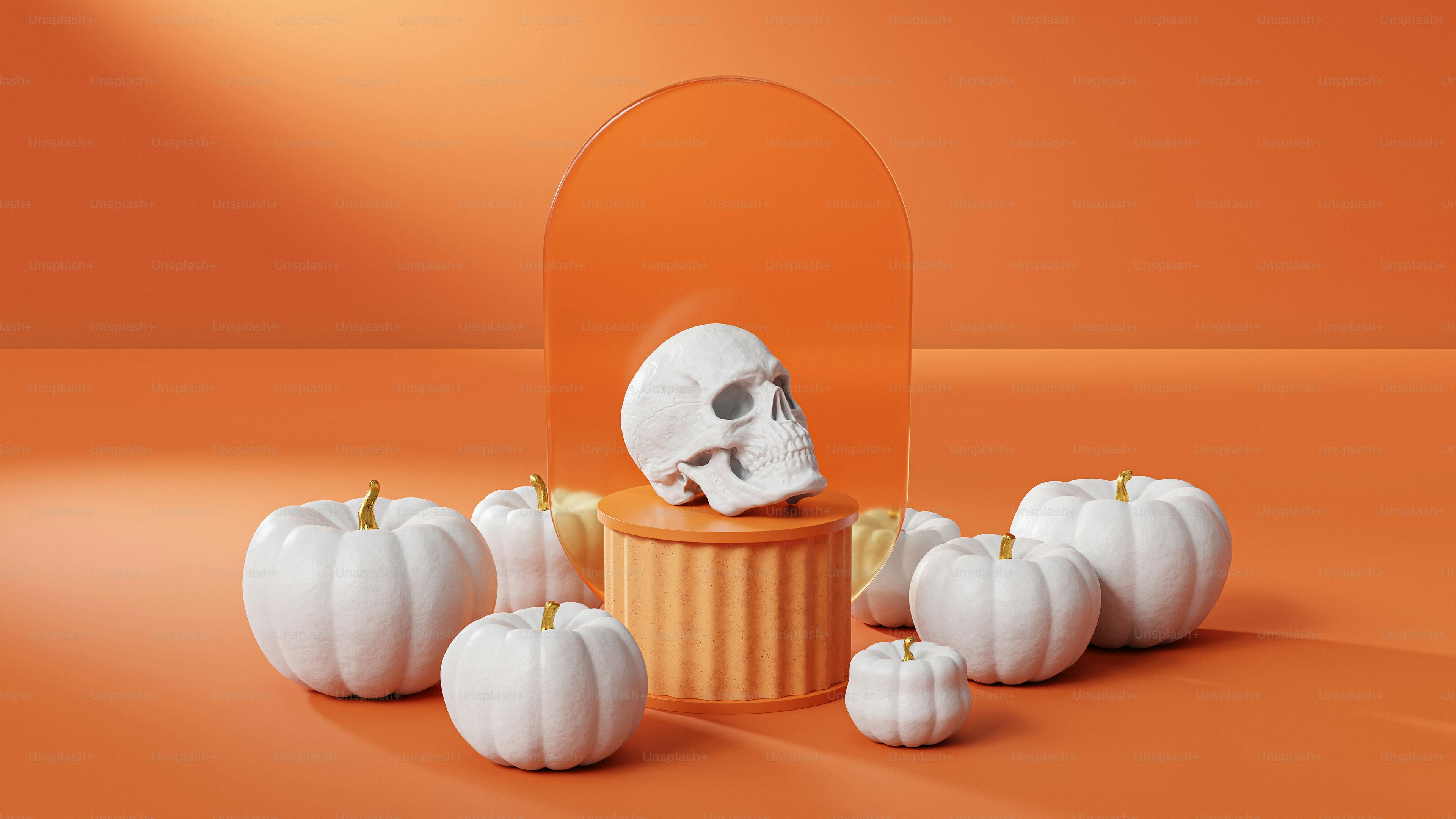 Foto Una calavera sentada encima de una mesa rodeada de calabazas ...