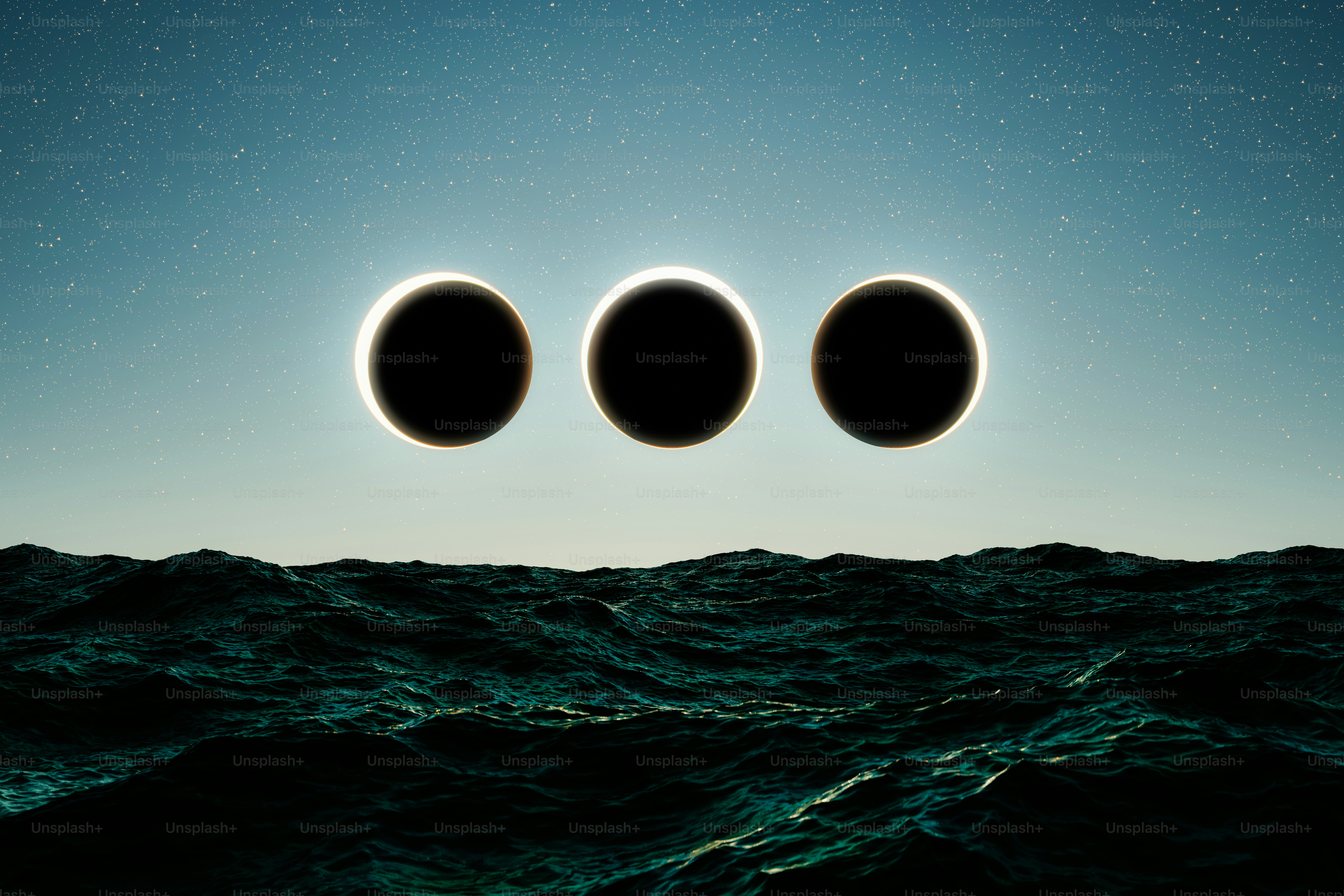 Three eclipses over a body of water at night photo – Digital image ...