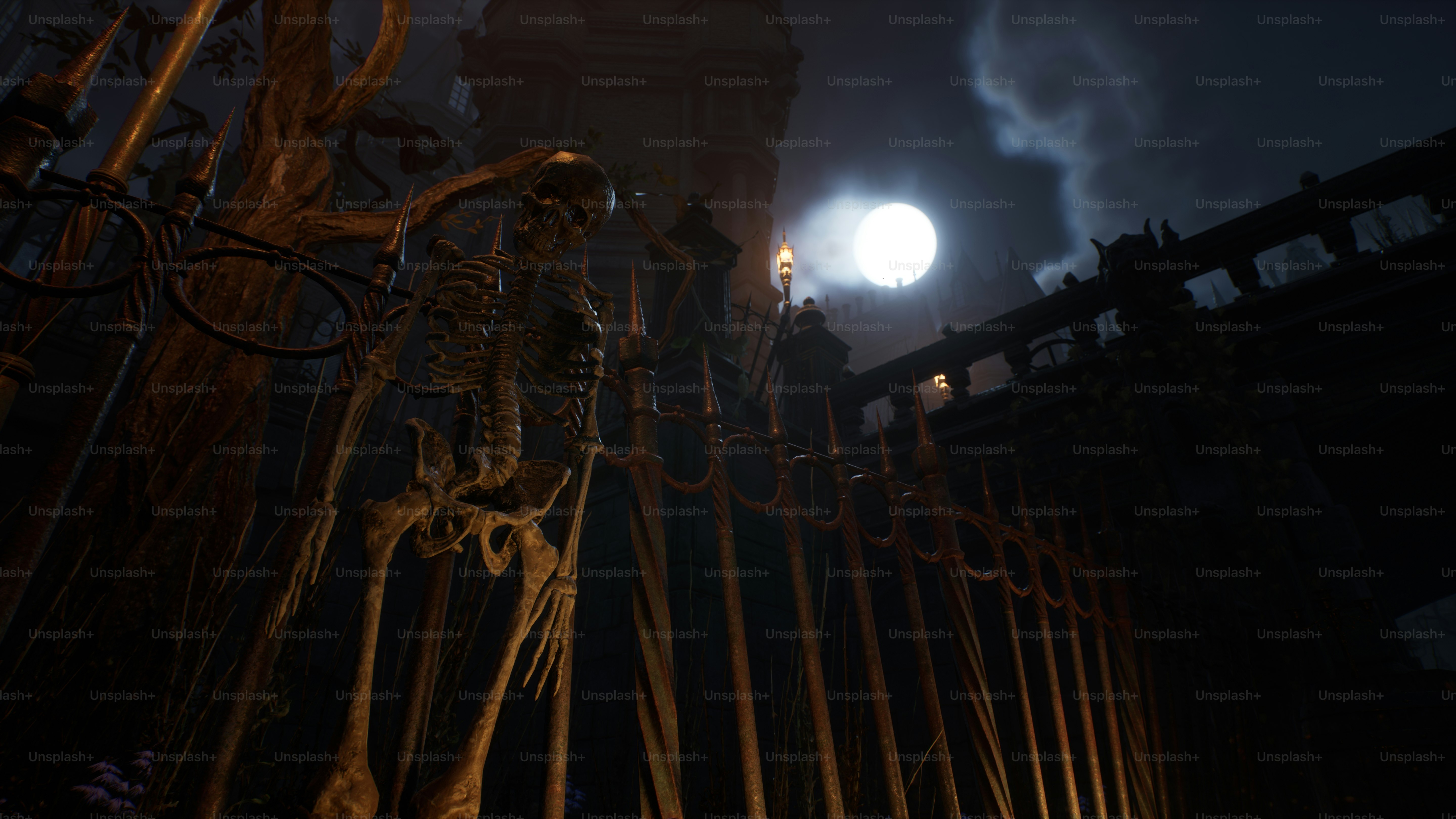 A skeleton in a graveyard with a full moon in the background photo ...