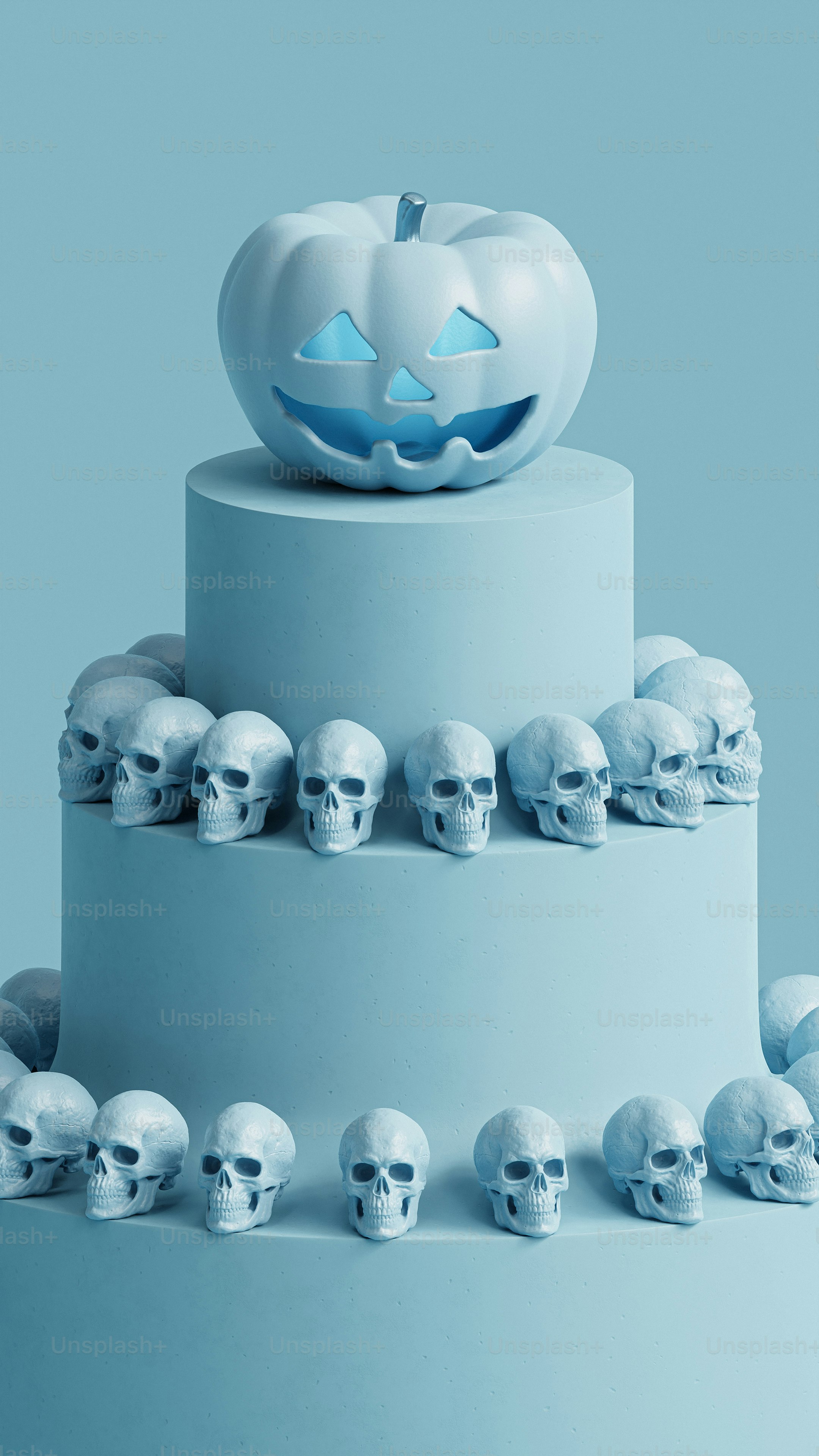 A three tiered cake with skulls and a pumpkin on top photo – Render ...