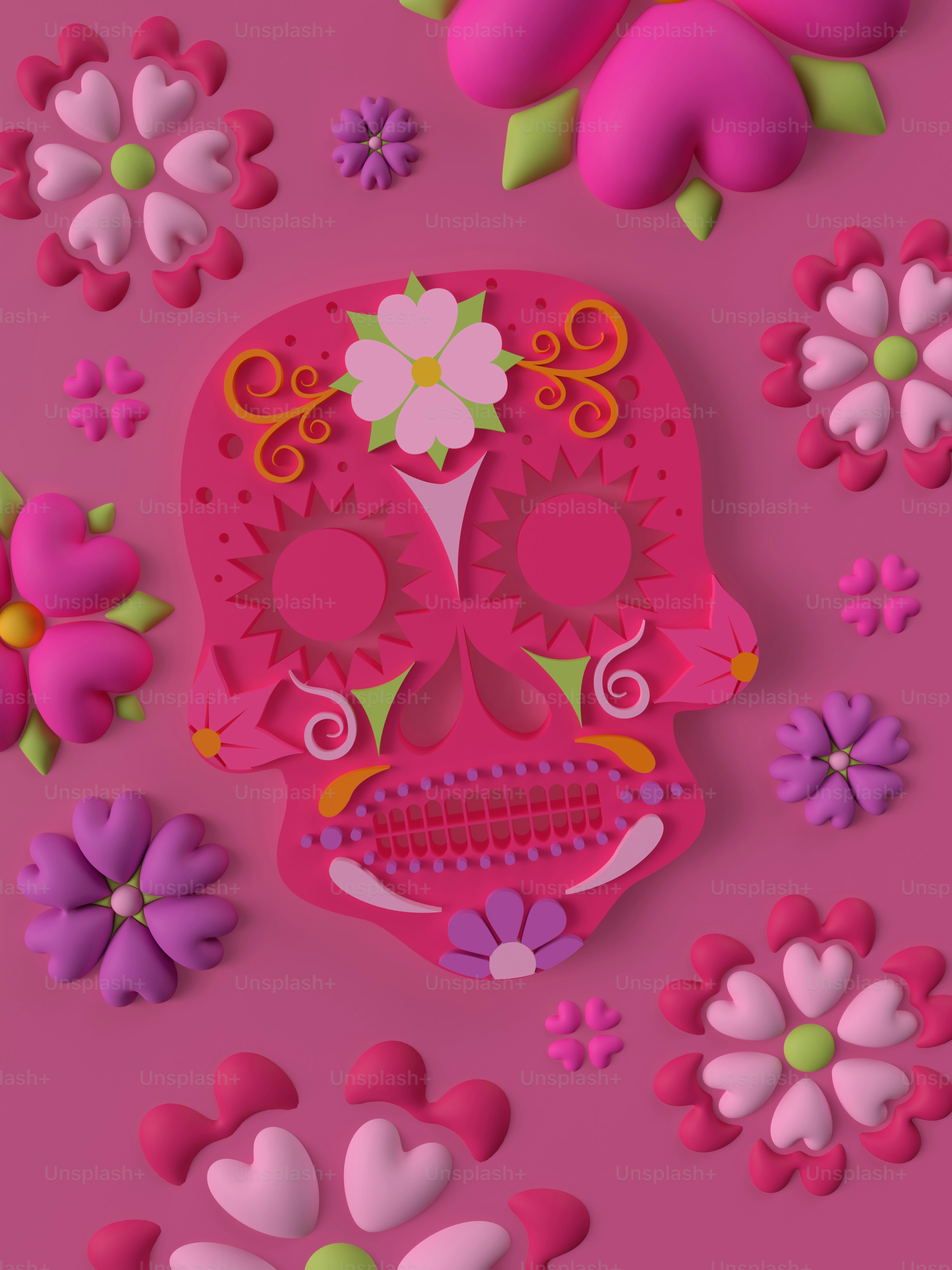 A paper cut of a pink skull surrounded by flowers photo – Skeleton ...