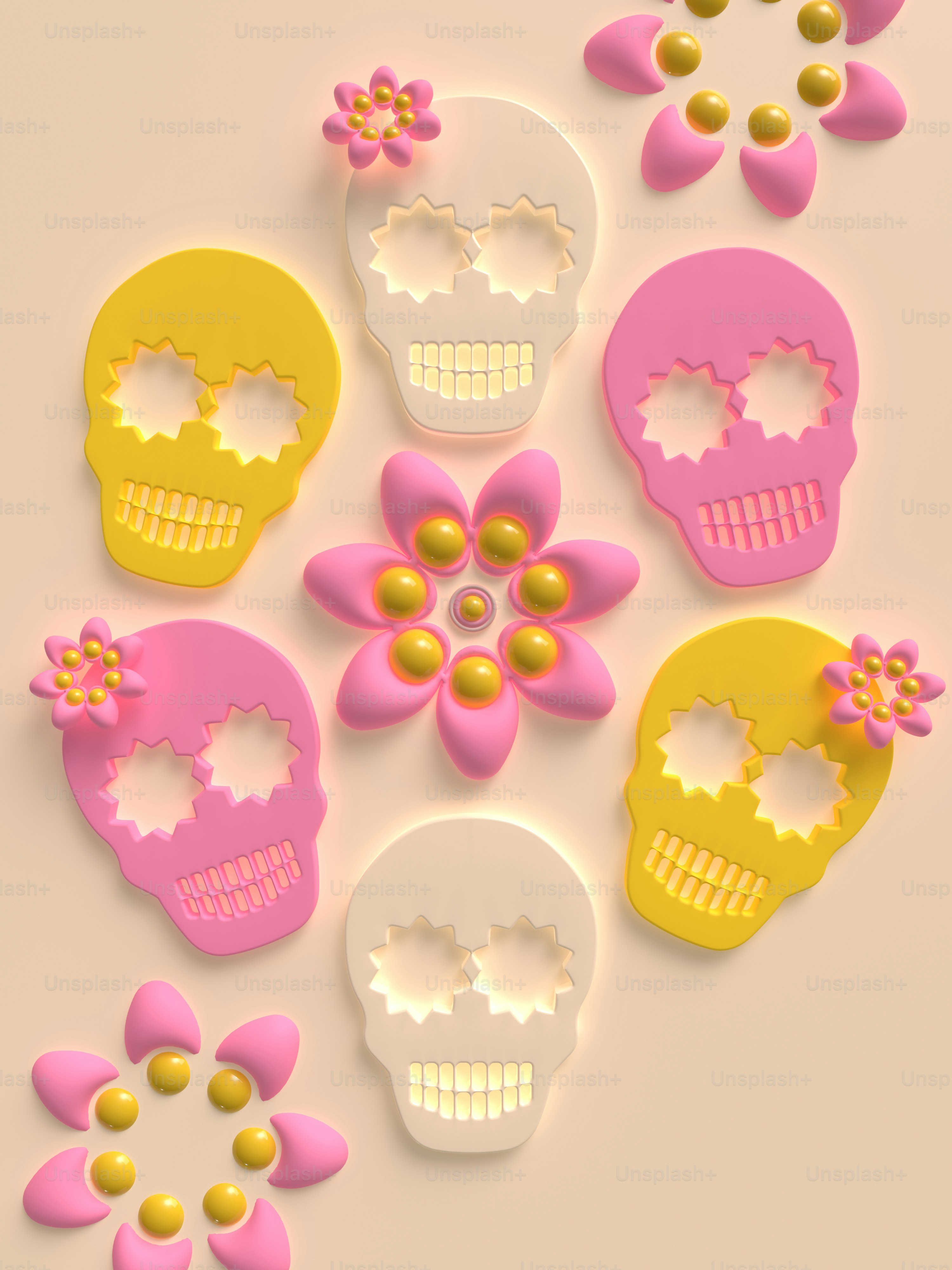 A bunch of fake skulls with flowers on them photo – Skeleton Image on ...