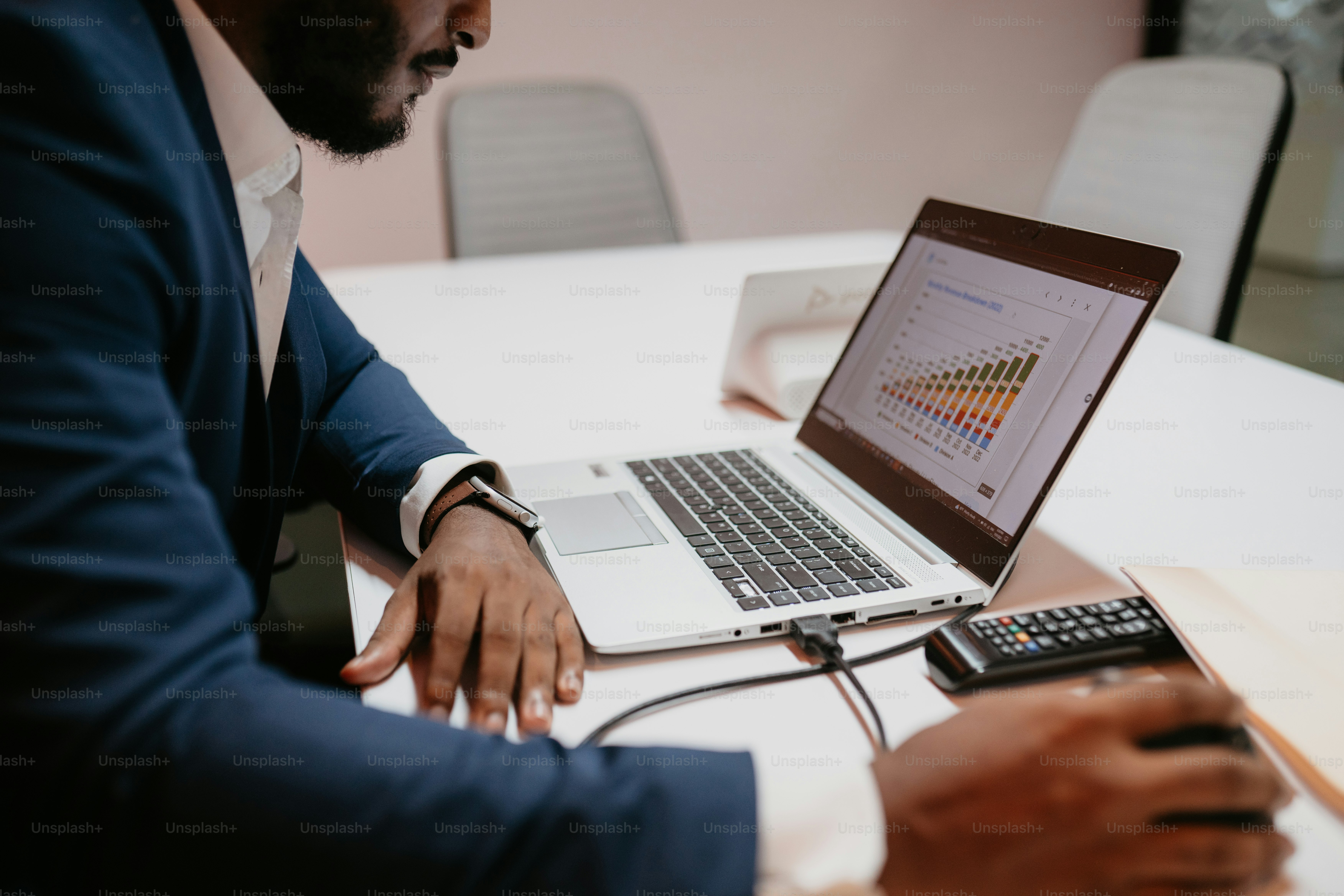 Smart caucasian businessman hand touch invisible stock chart market ...