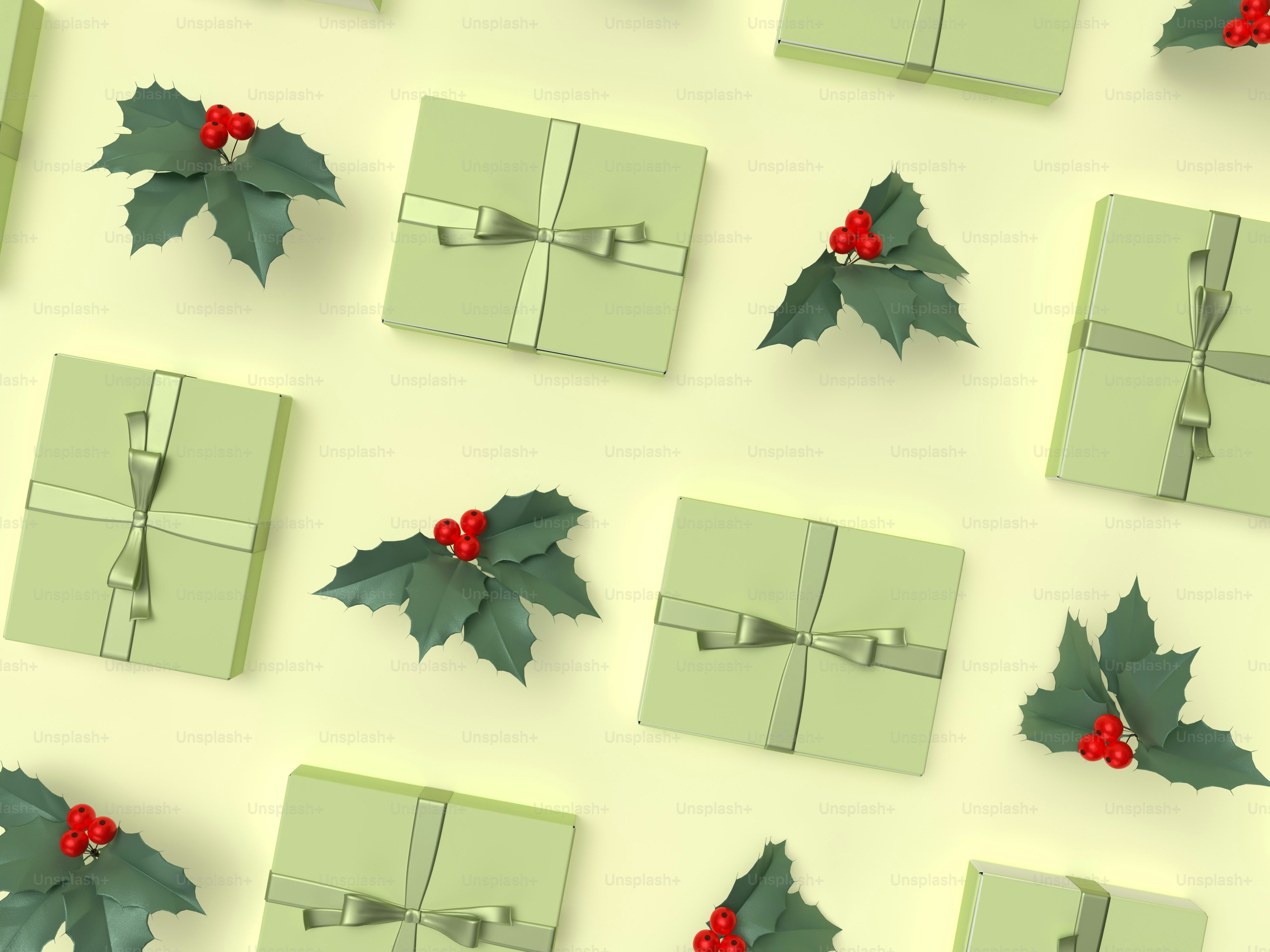 A bunch of presents with holly leaves on them photo – Christmas ...
