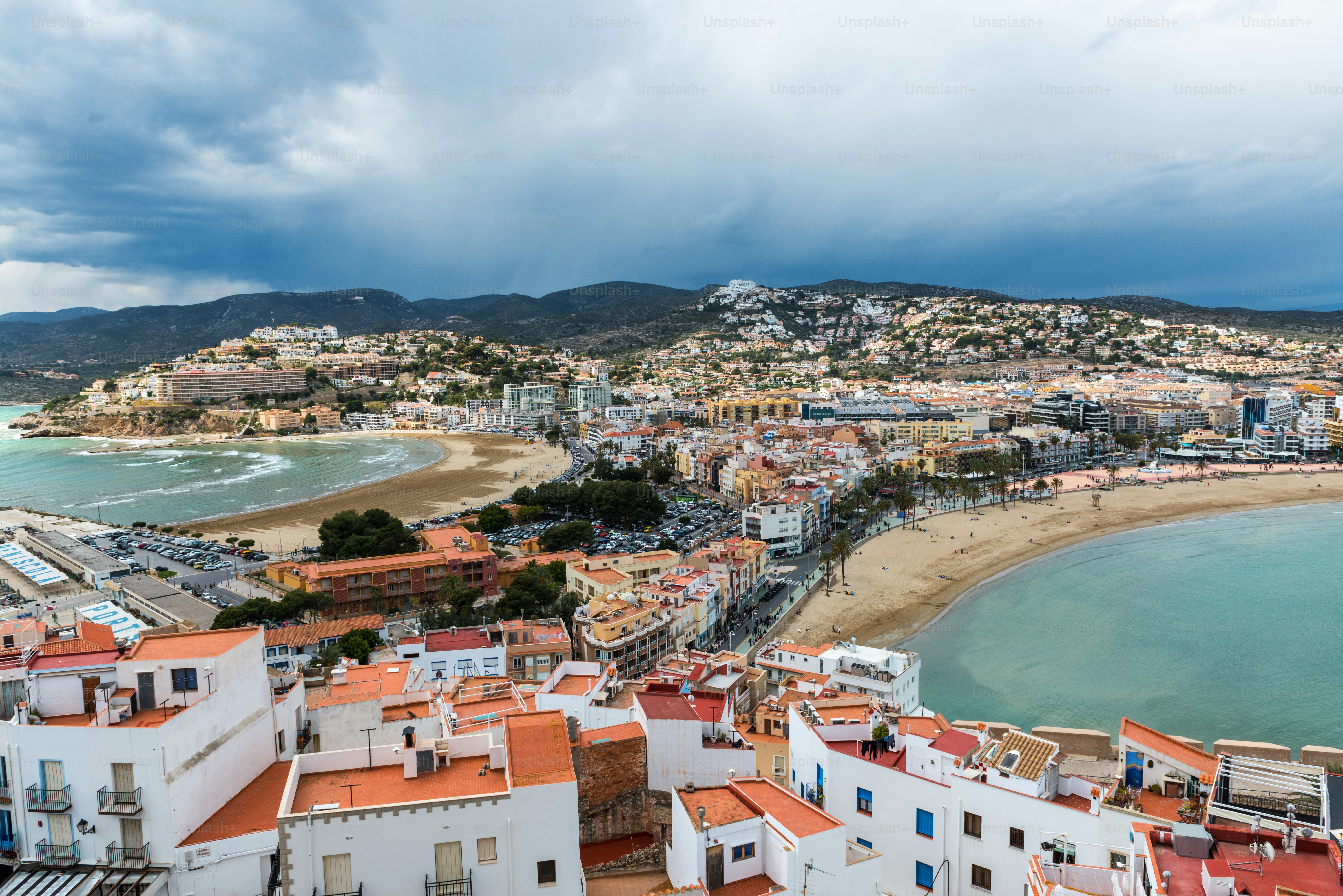 Aerial view of the fortified city and port of Peniscola (Peñíscola) in ...