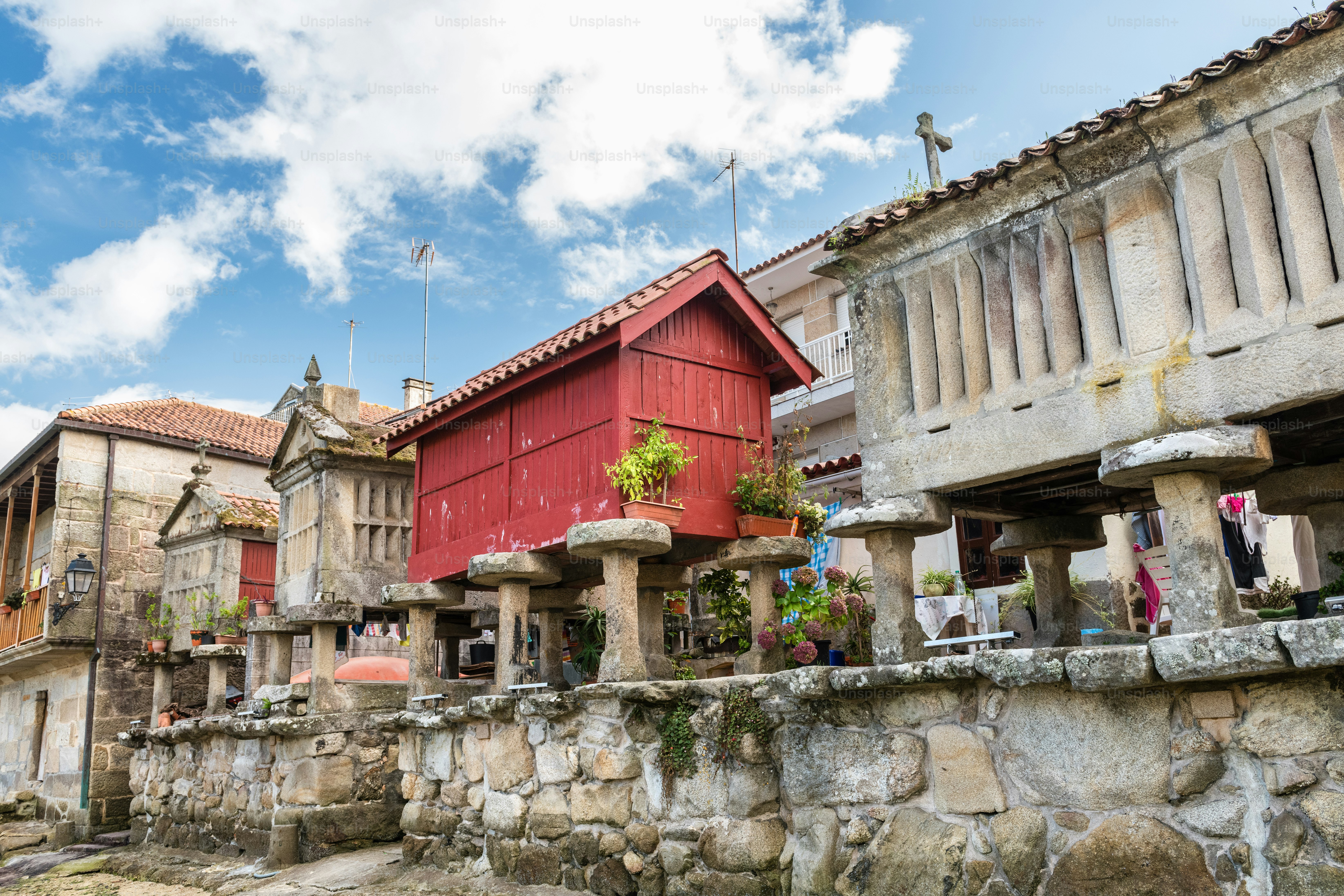 Low tide at the well-preserved village of Combarro in Ponteveda, Spain ...