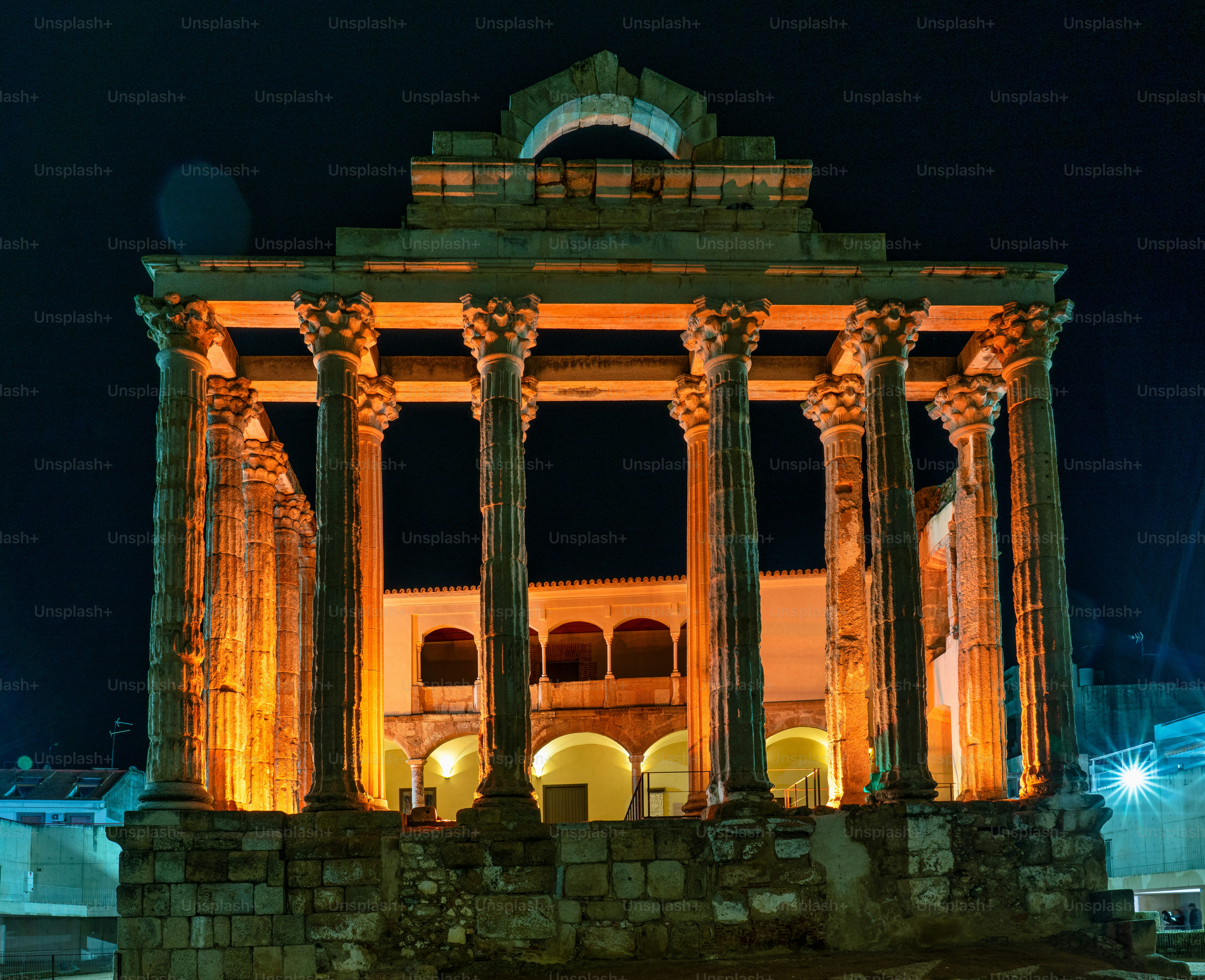 The Roman temple of Diana in Merida illuminated at night, province of ...
