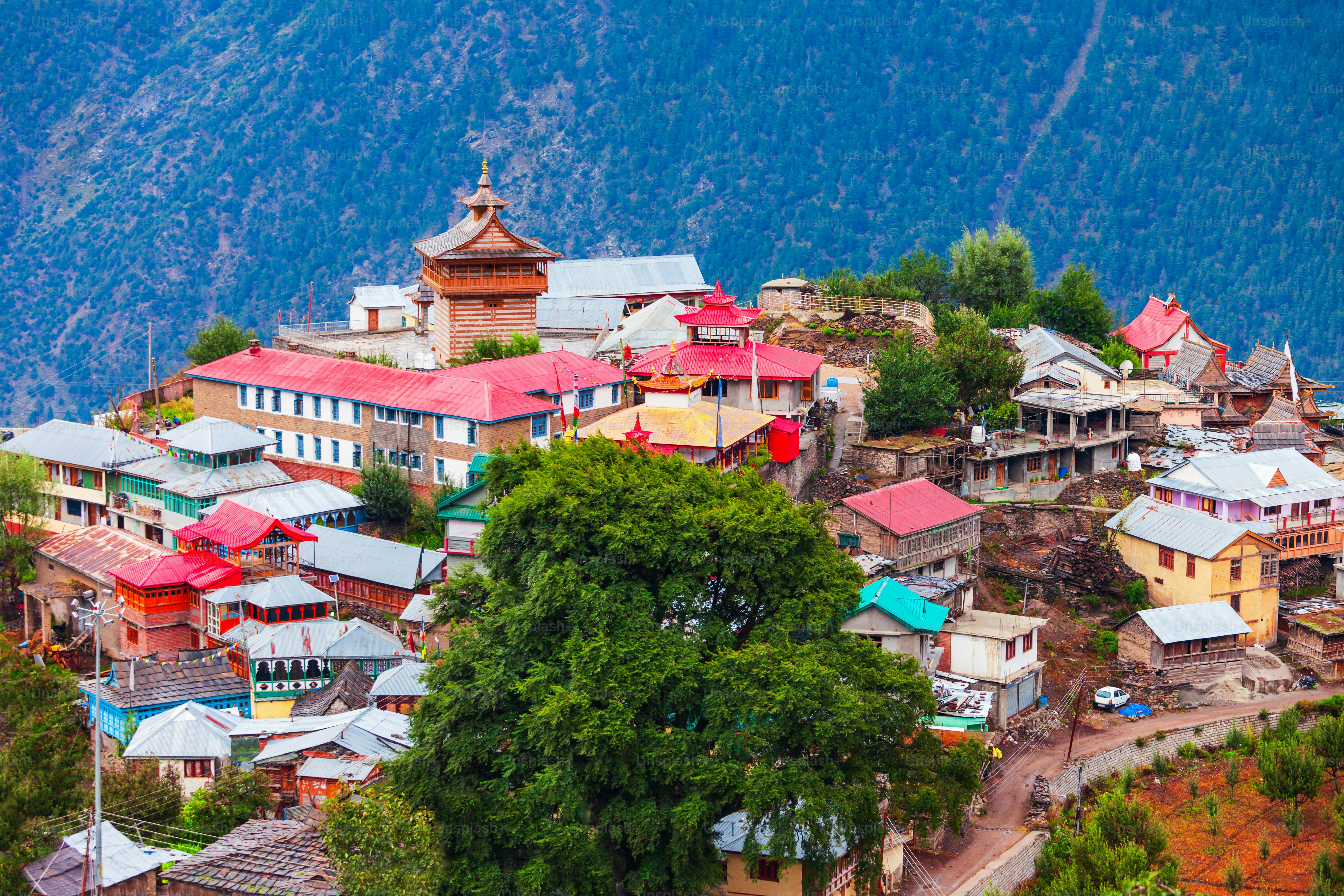 Kalpa and Kinnaur Kailash mountain aerial panoramic view. Kalpa is a ...