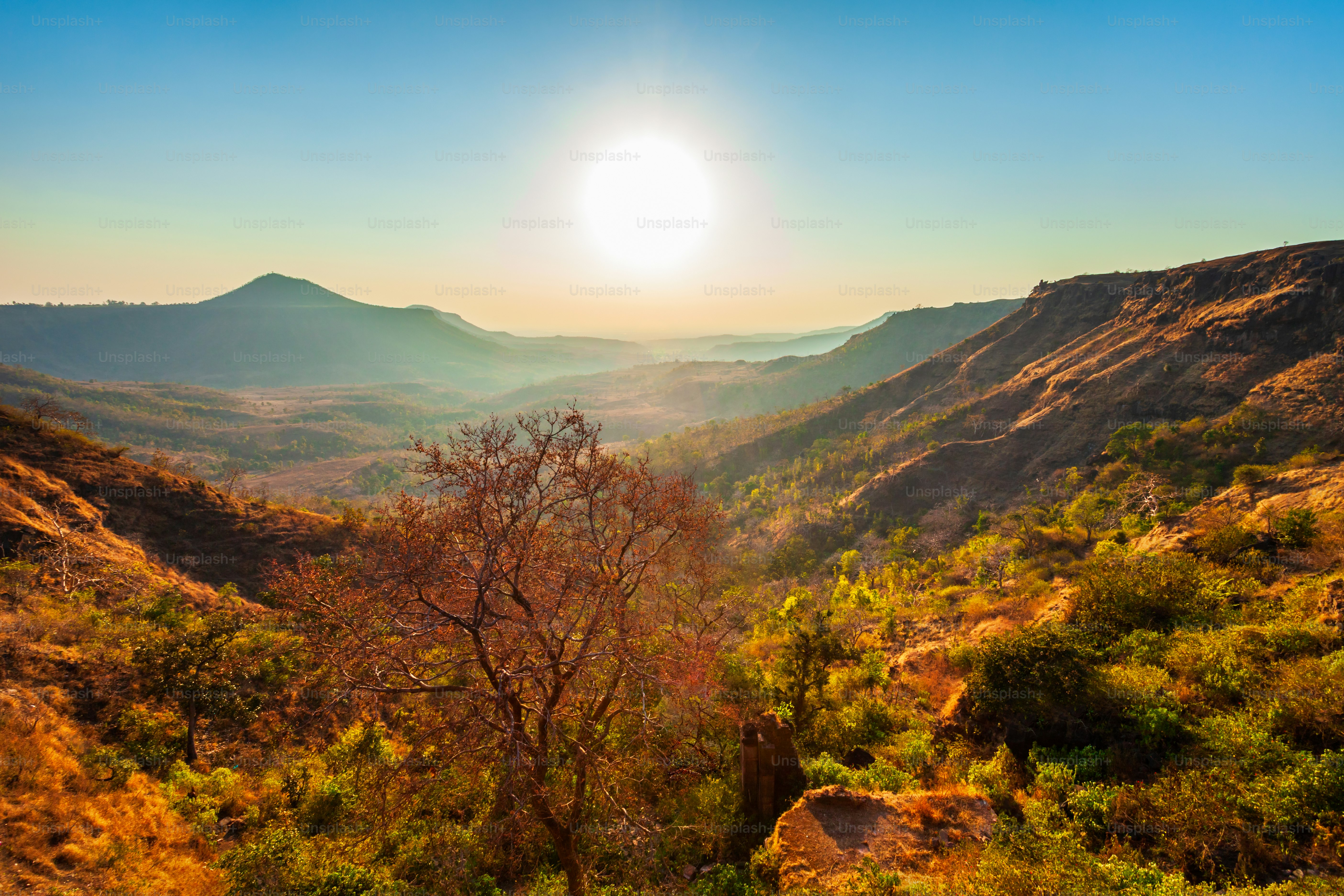 Mountain landscape near Mandu ancient city in Madhya Pradesh state of ...