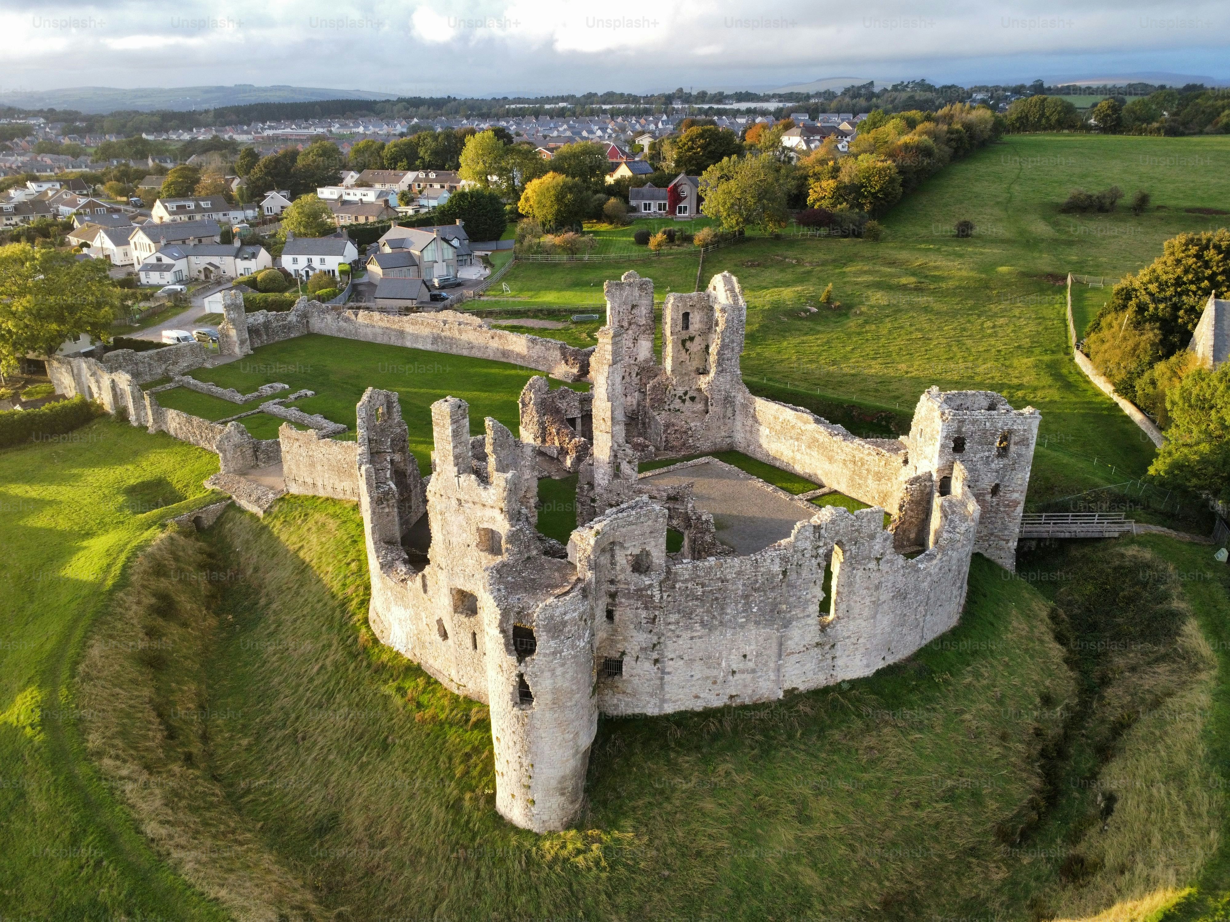 An aerial of the ruins of the Coity castle in South Wales. photo ...