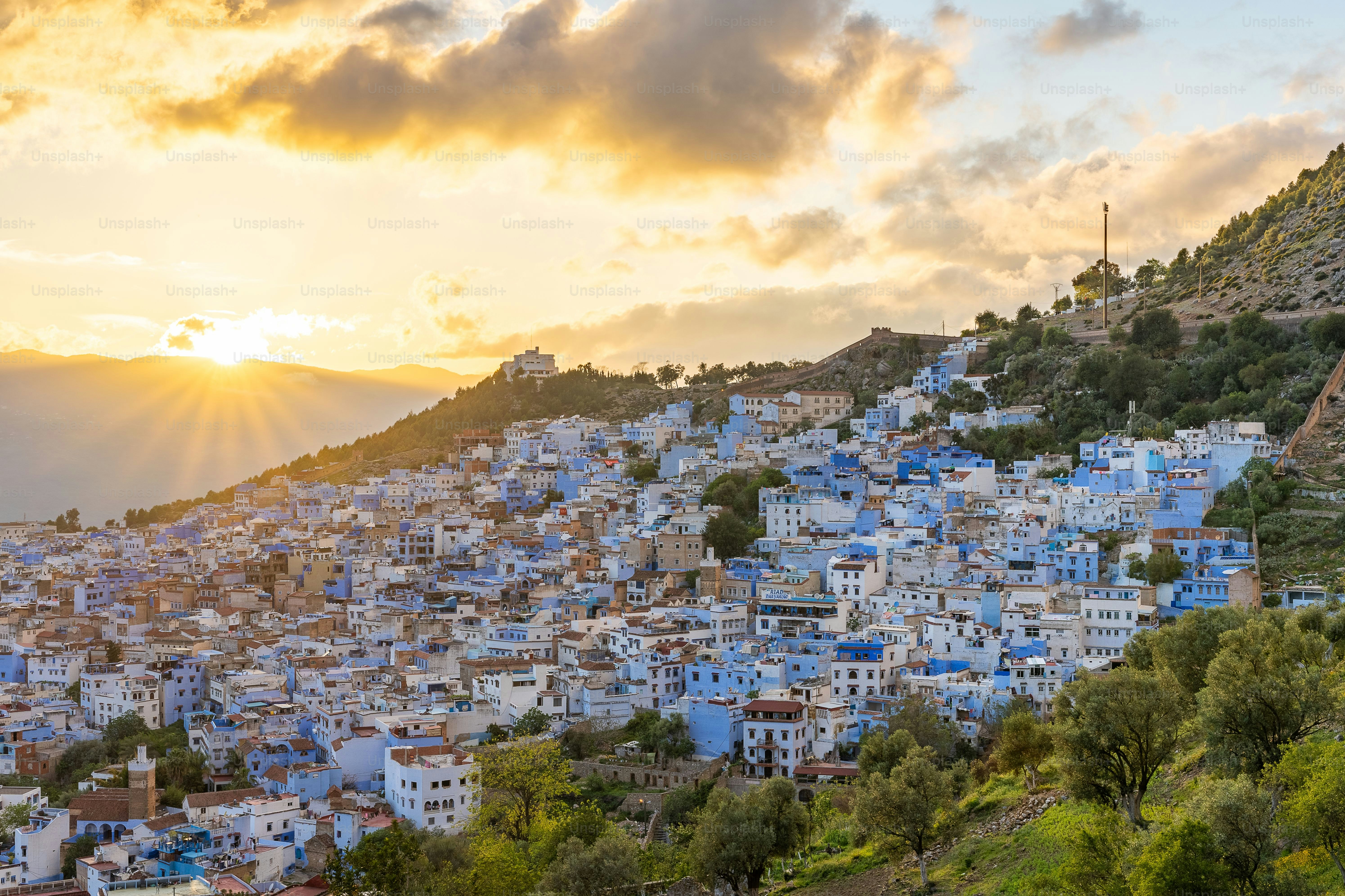 A breathtaking Chefchaouen view from Spanish Mosque, Morocco against ...