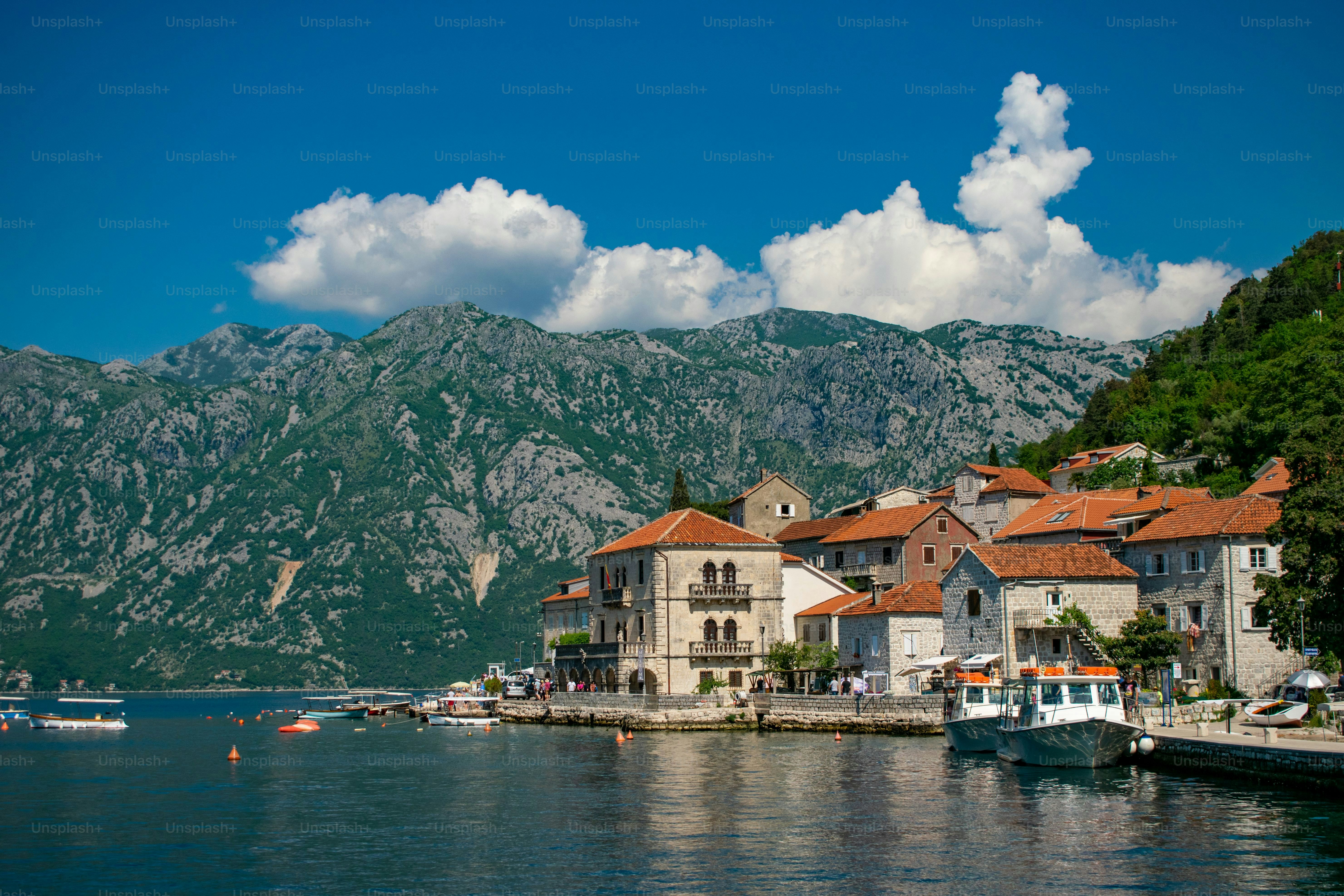 The beautiful view of the medieval town of Perast, Montenegro. photo ...