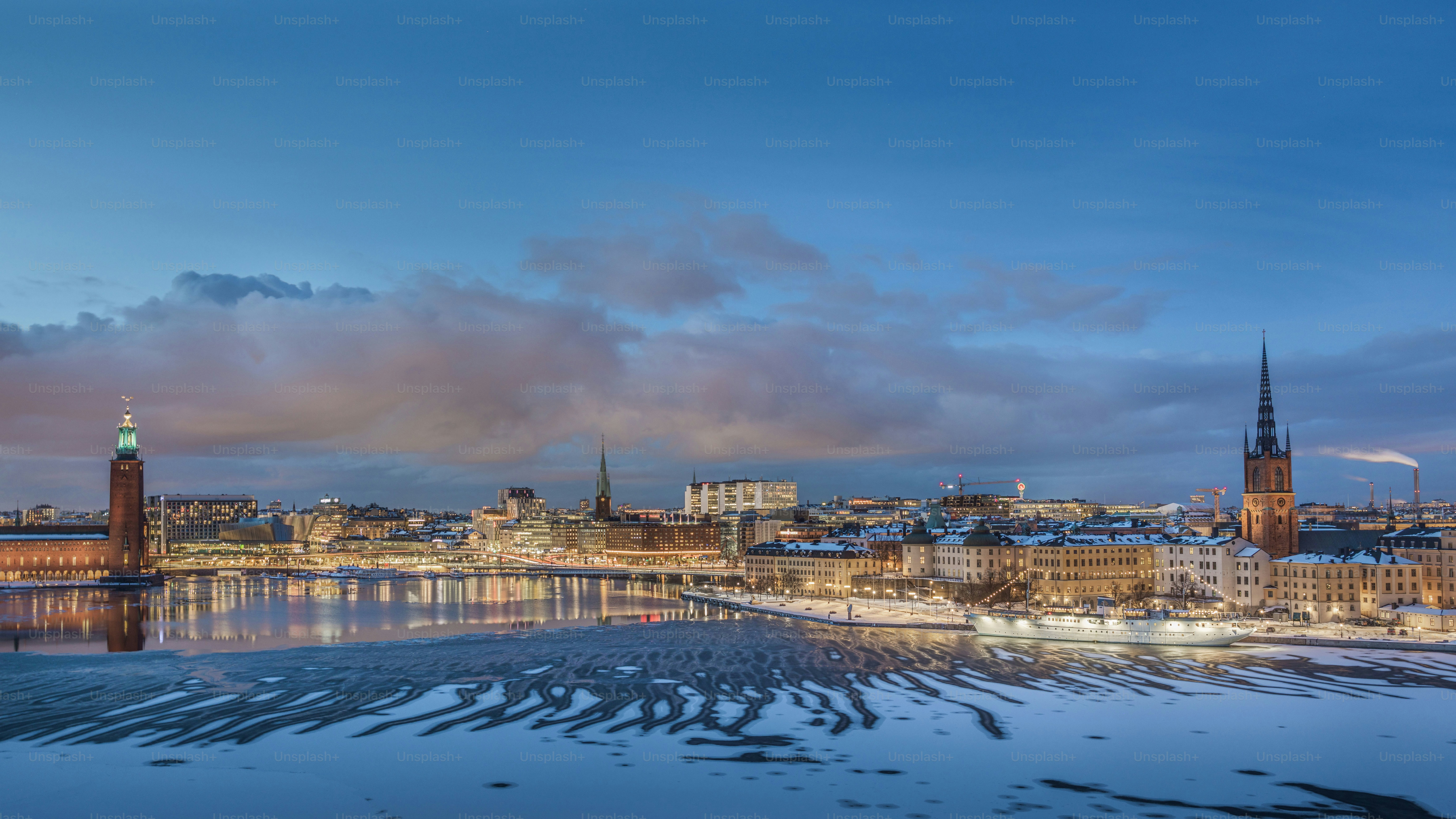 The Swedish capital Stockholm during blue hour a cold winter evening ...