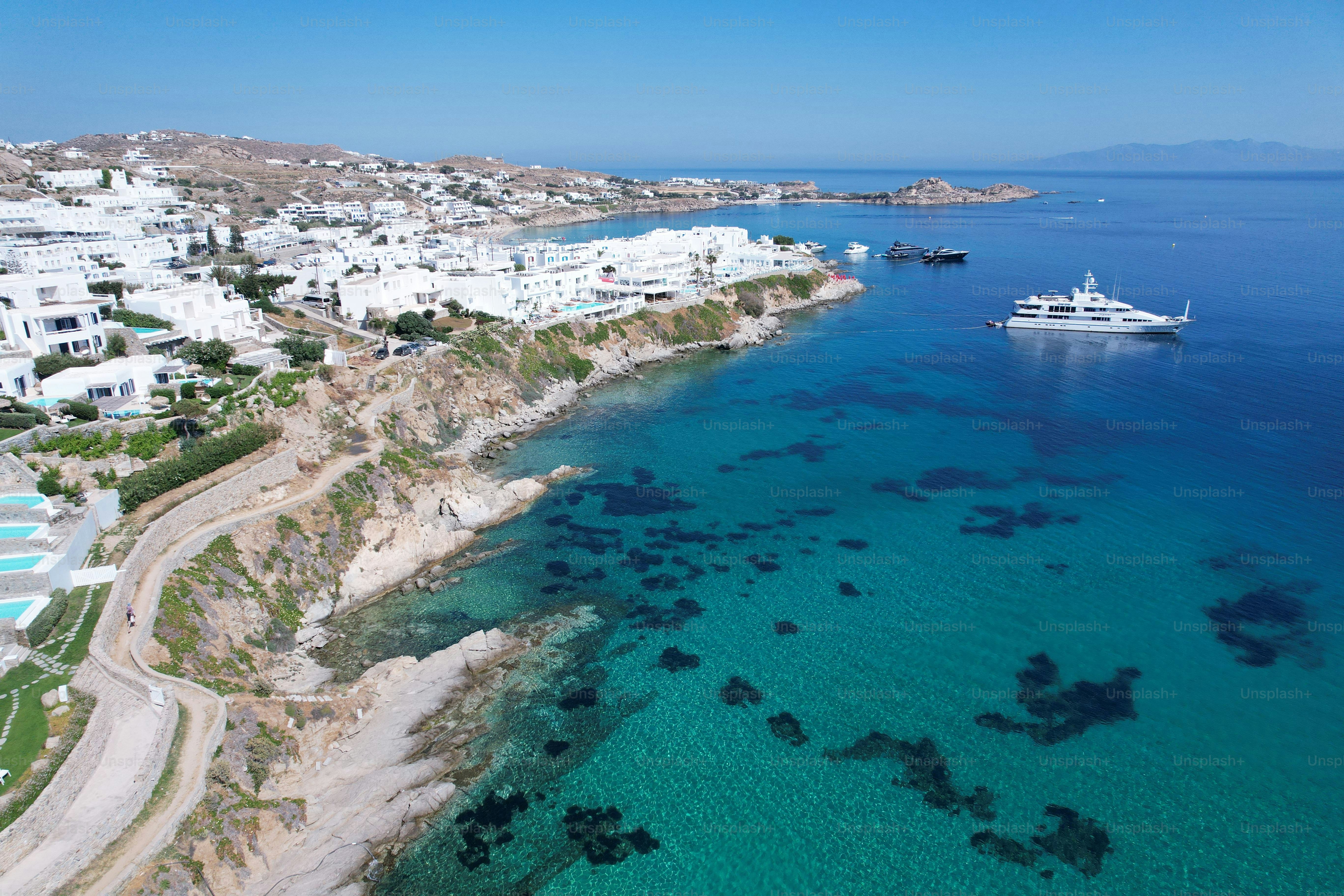 An aerial view of the stunningly picturesque Greek island of Mykonos ...