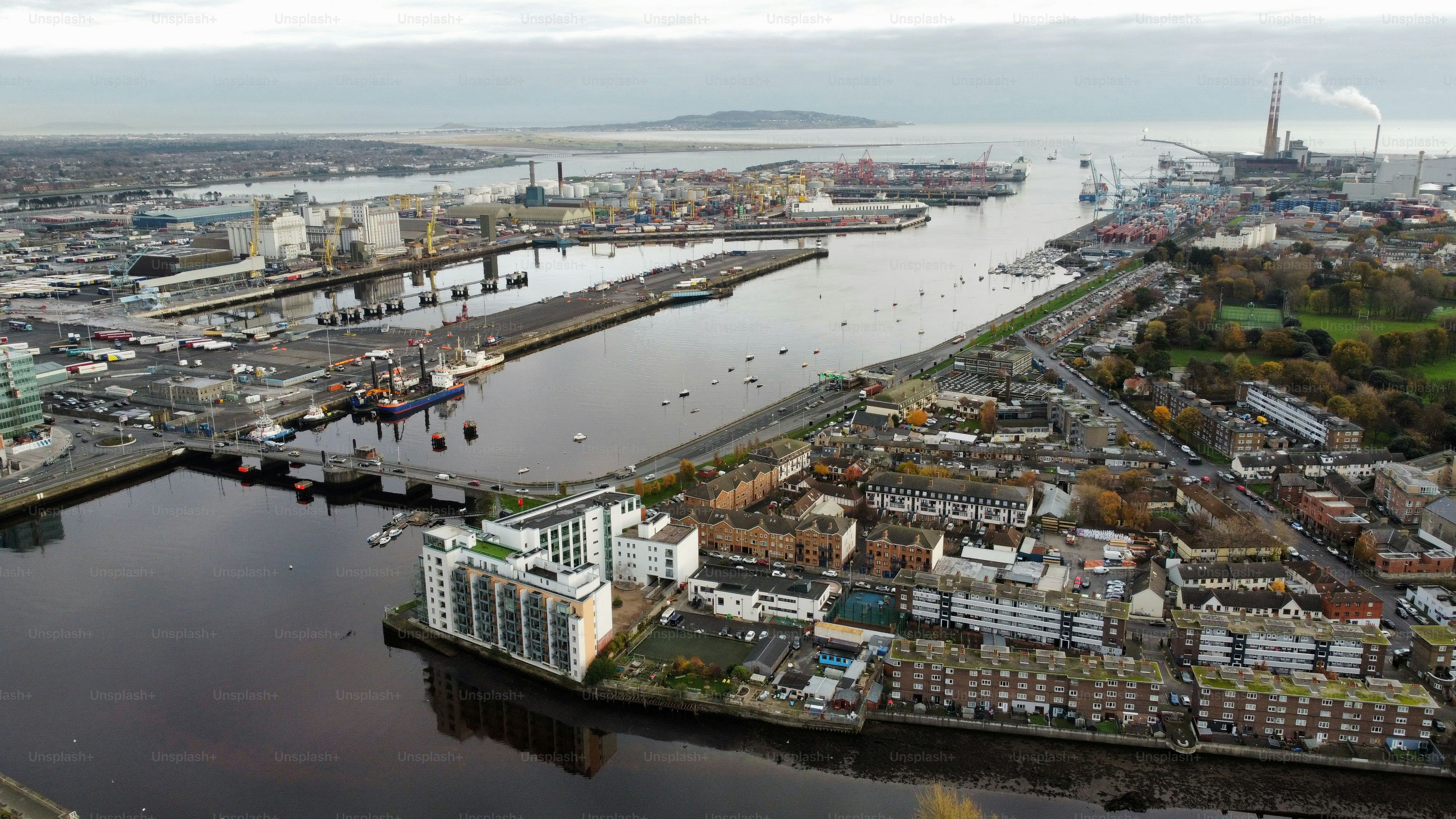 An aerial view of Dublin City with urban buildings and houses near ...