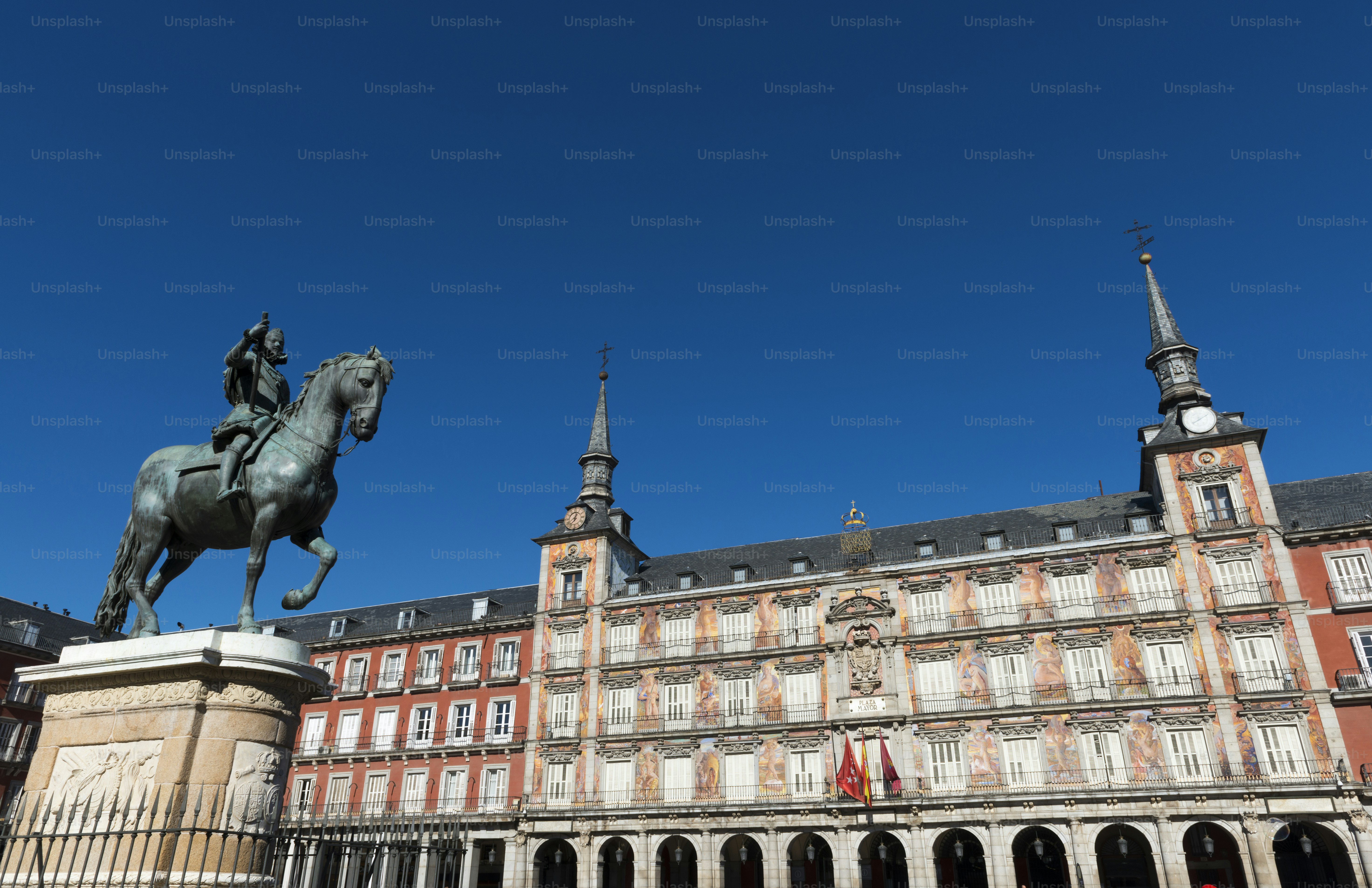 Wide angle view of the Plaza Mayor (Main Square) of Madrid, with the ...